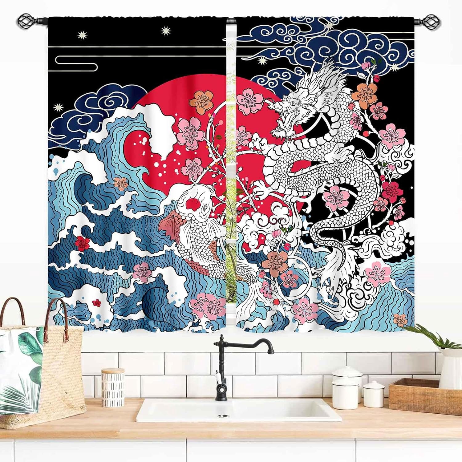 Japanese Curtains, Asian Style Japanese Wave Chinese Dragon Cherry ...