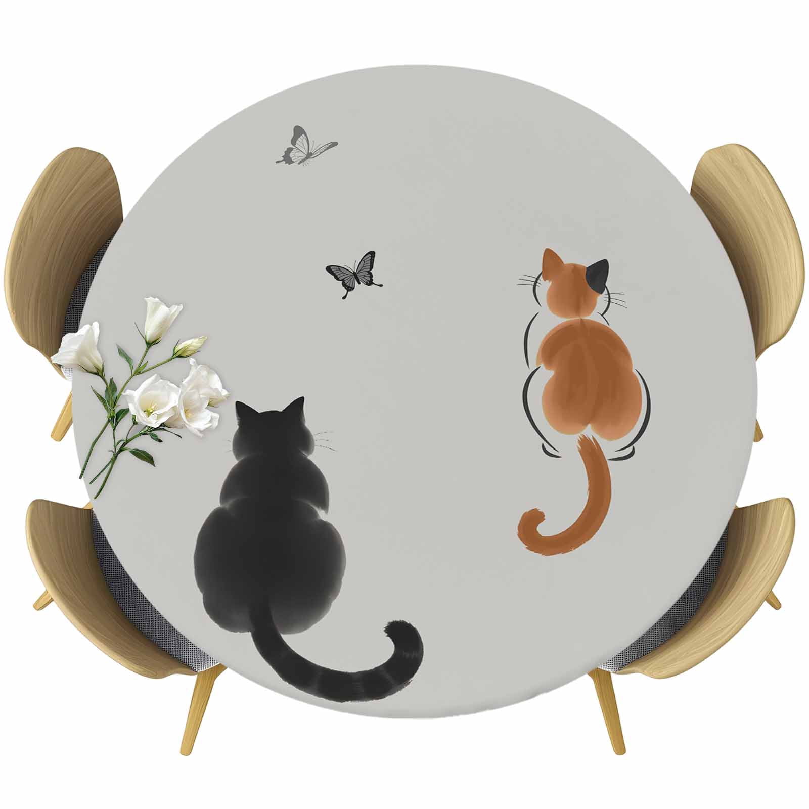 Japanese Cute Cat Round Tablecloth, Fitted Table Cover with Elastic for ...