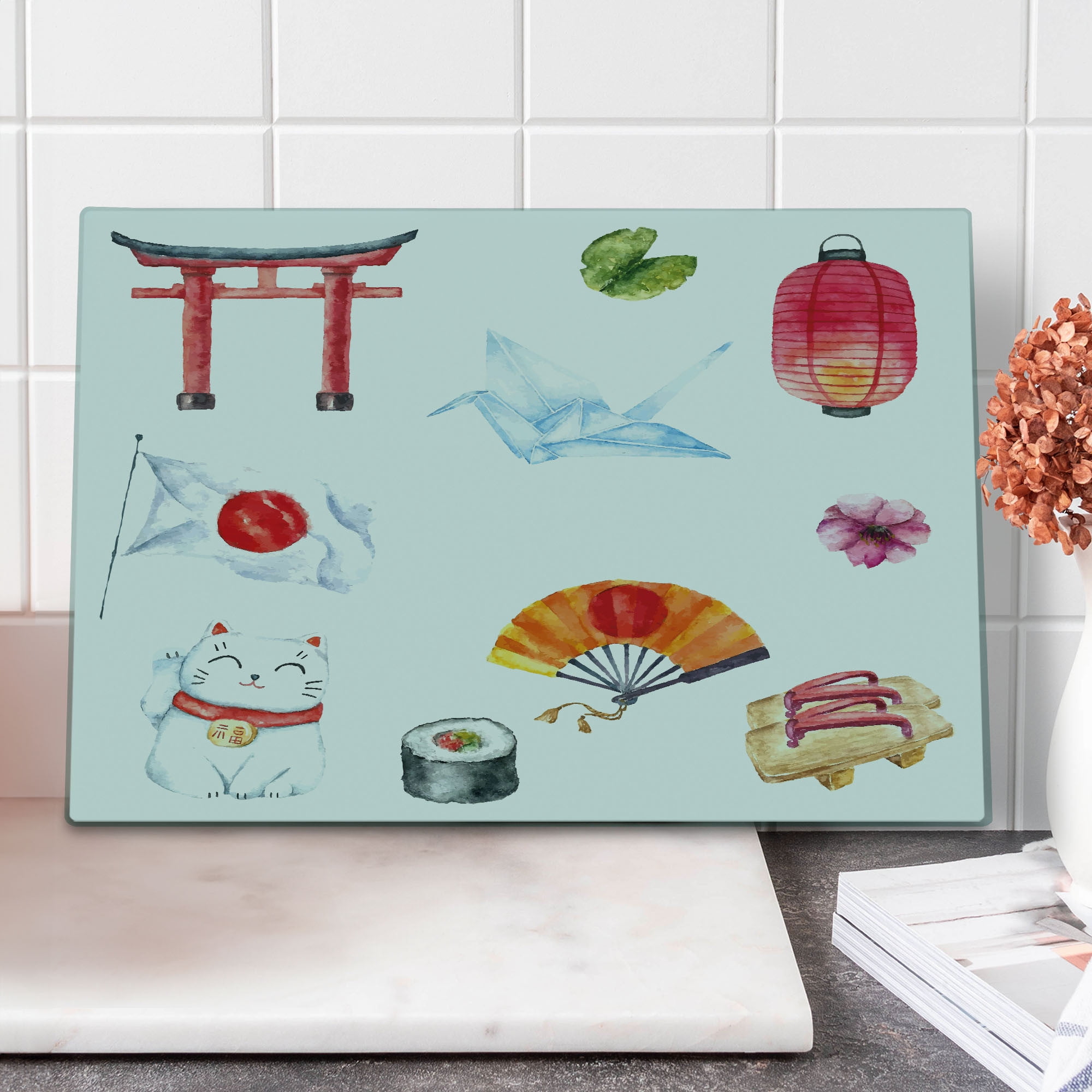 Japanese Cutting Board, Hand Drawn Traditional Elements Watercolors ...