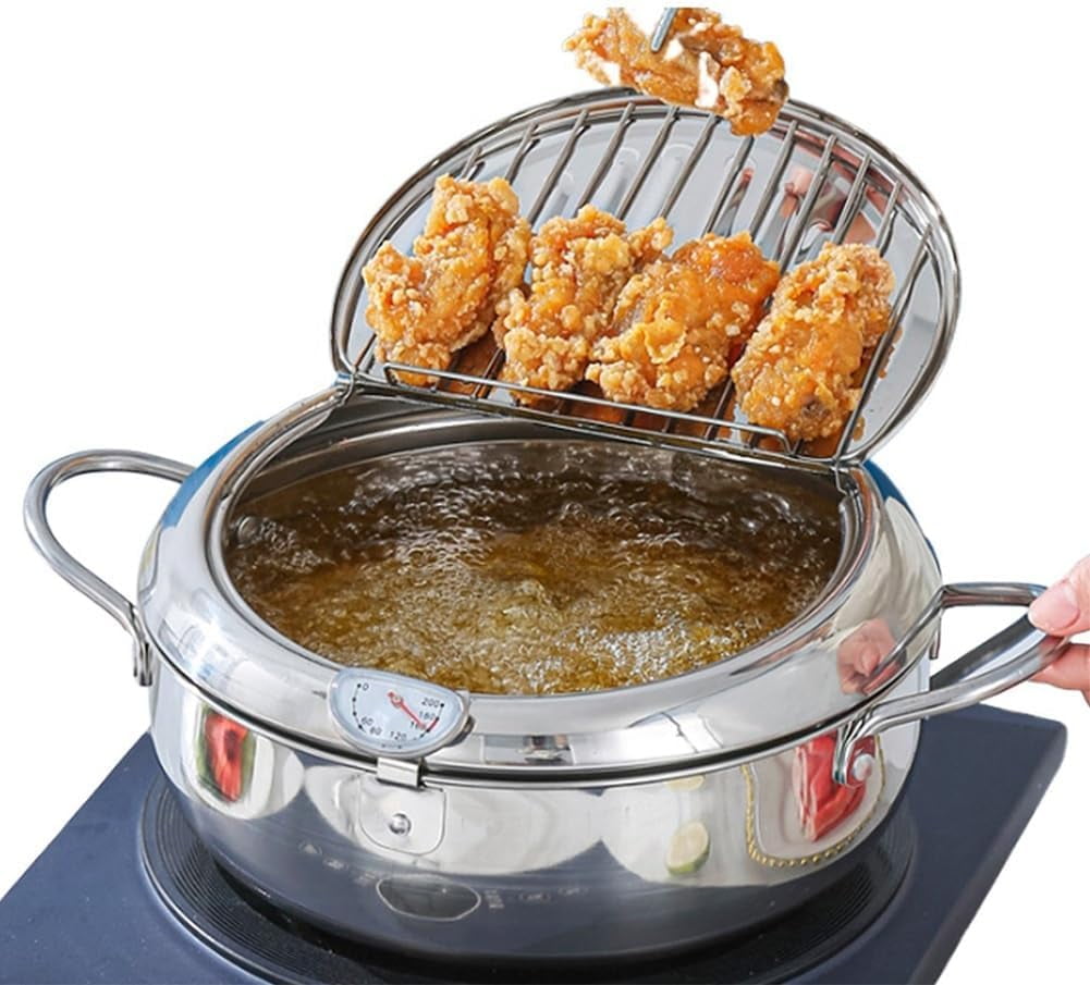 Japanese Deep Fryer Pot with Temperature Gauge, 304 Stainless Steel ...