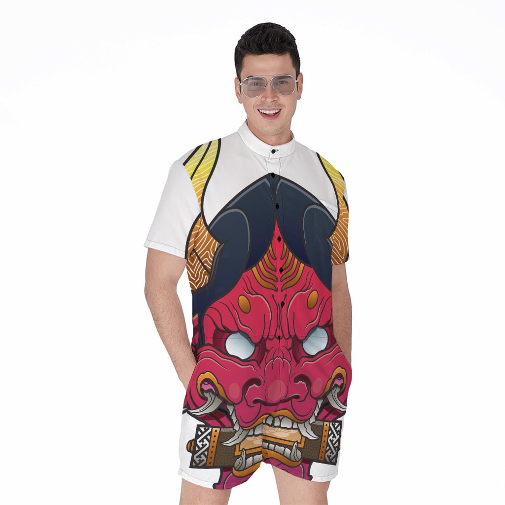 Japanese Demon Mask Short Sleeve Men'S Rompers, Demon Monster Evil ...