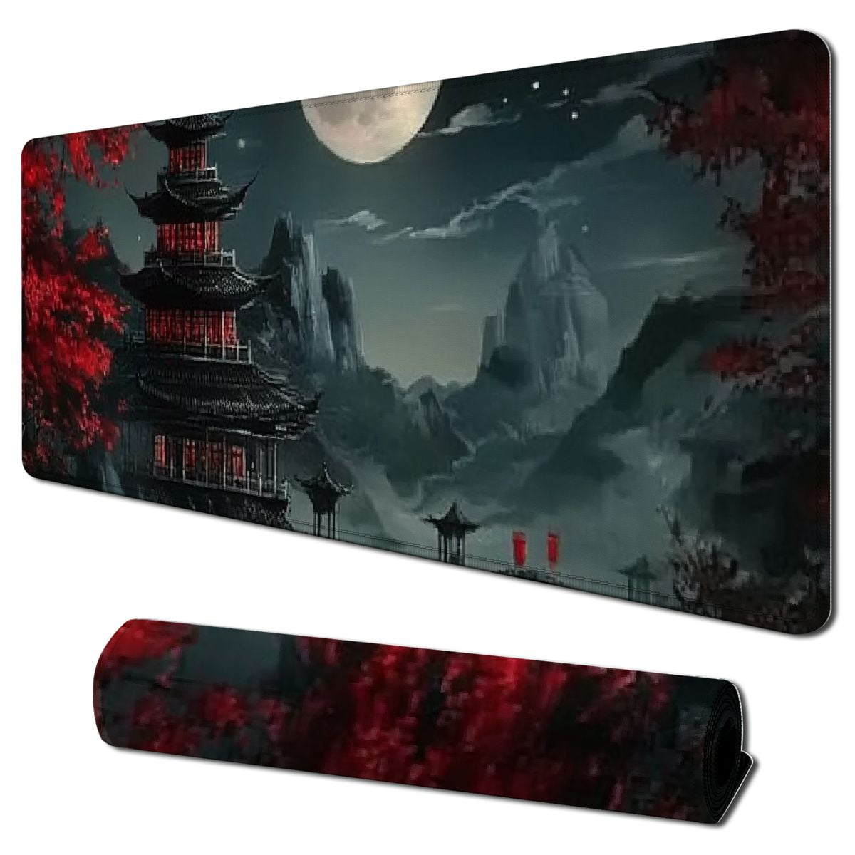 Japanese Desk Mat Full Moon Desk Pad Black Red Large Mouse Pad Gaming ...