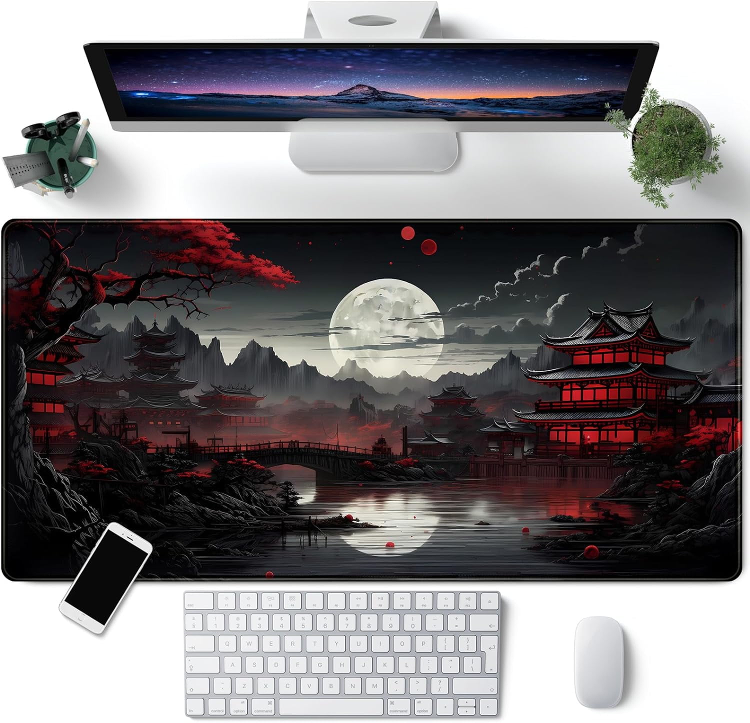 Japanese Desk Mat Riverside Full Moon Desk Pad Black Red Large Mouse ...