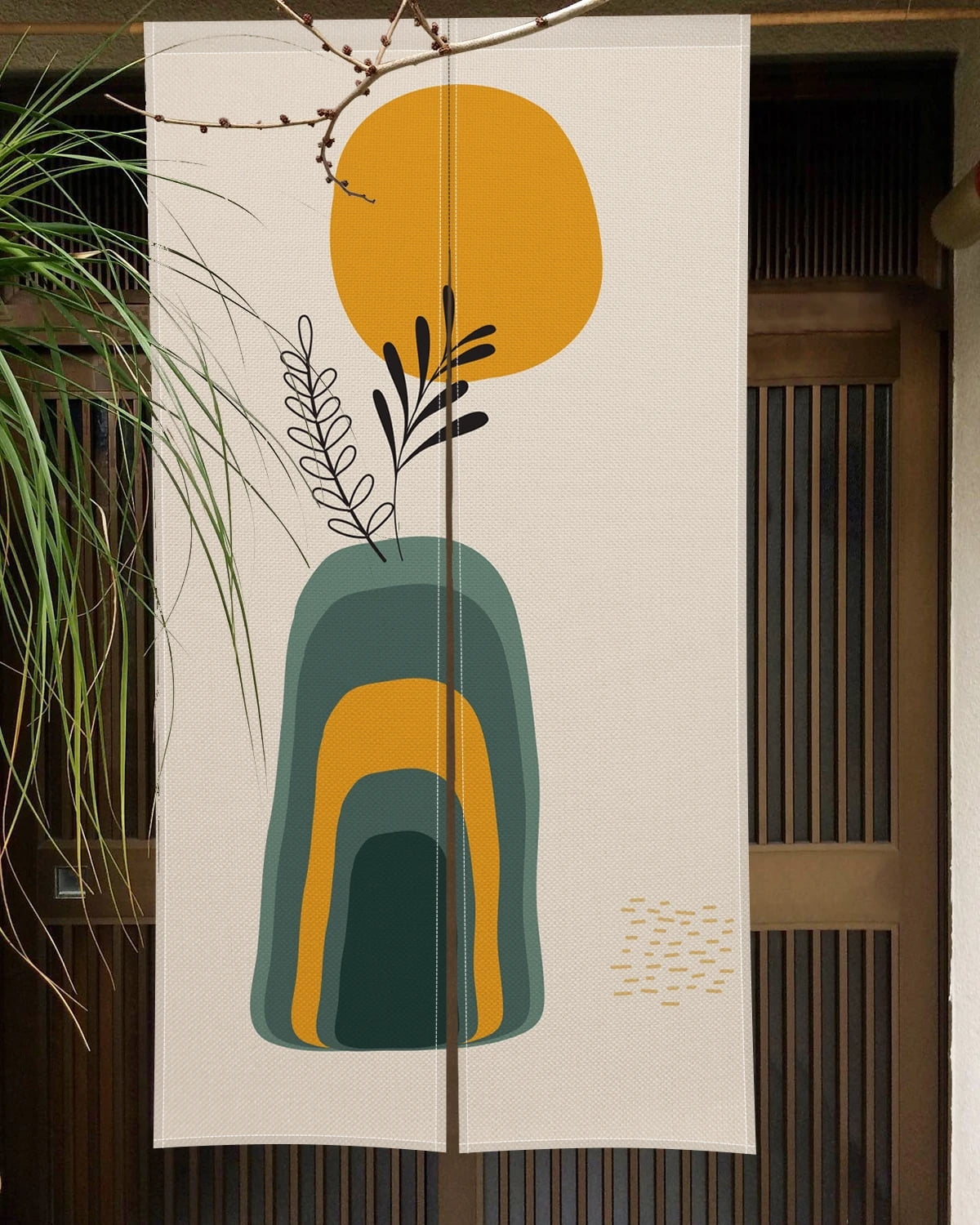 Japanese Door Curtain Geometric Plant Pattern Minimalist Noren Style ...