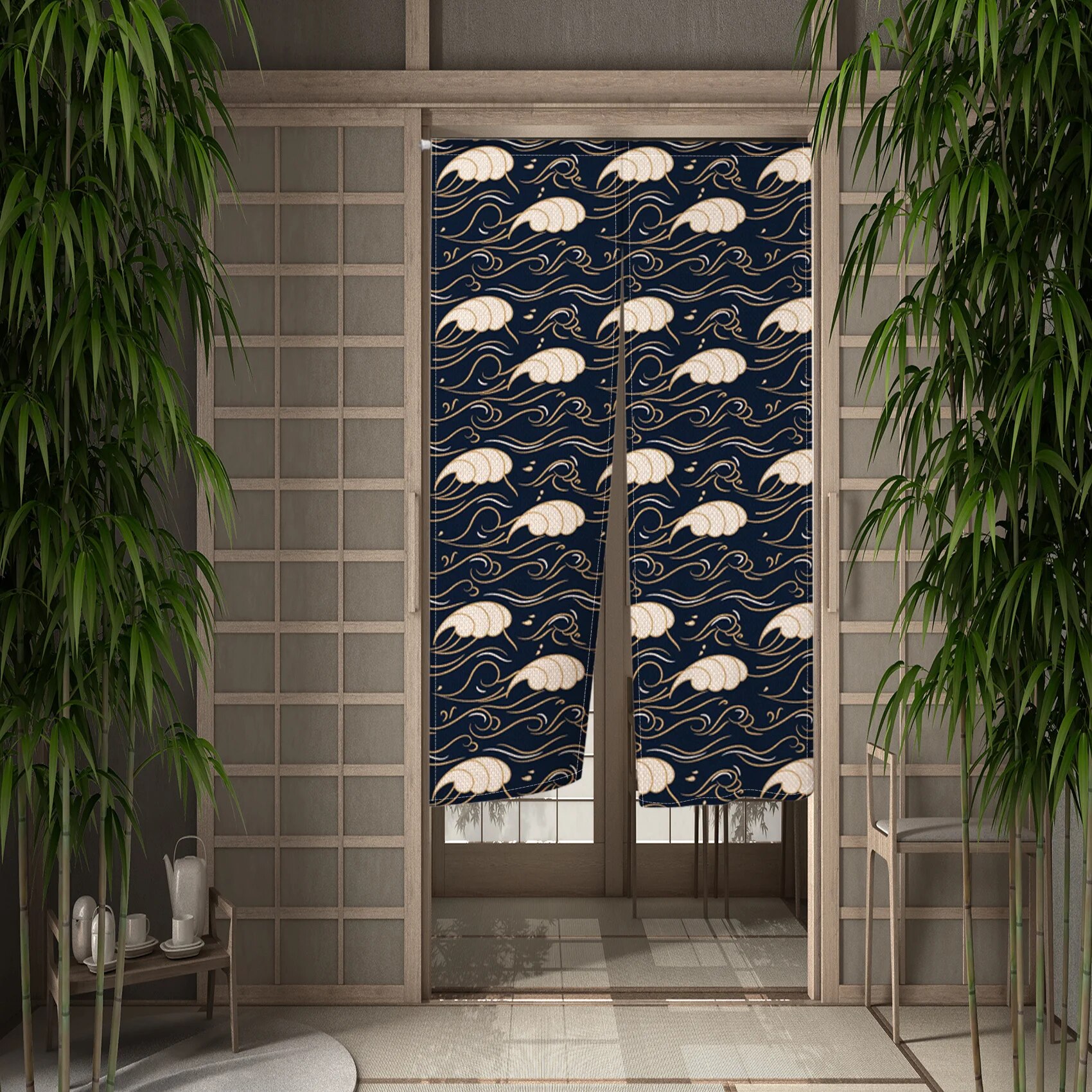 Japanese Door Curtain Kanagawa Waves Printed Partition Kitchen Doorway ...