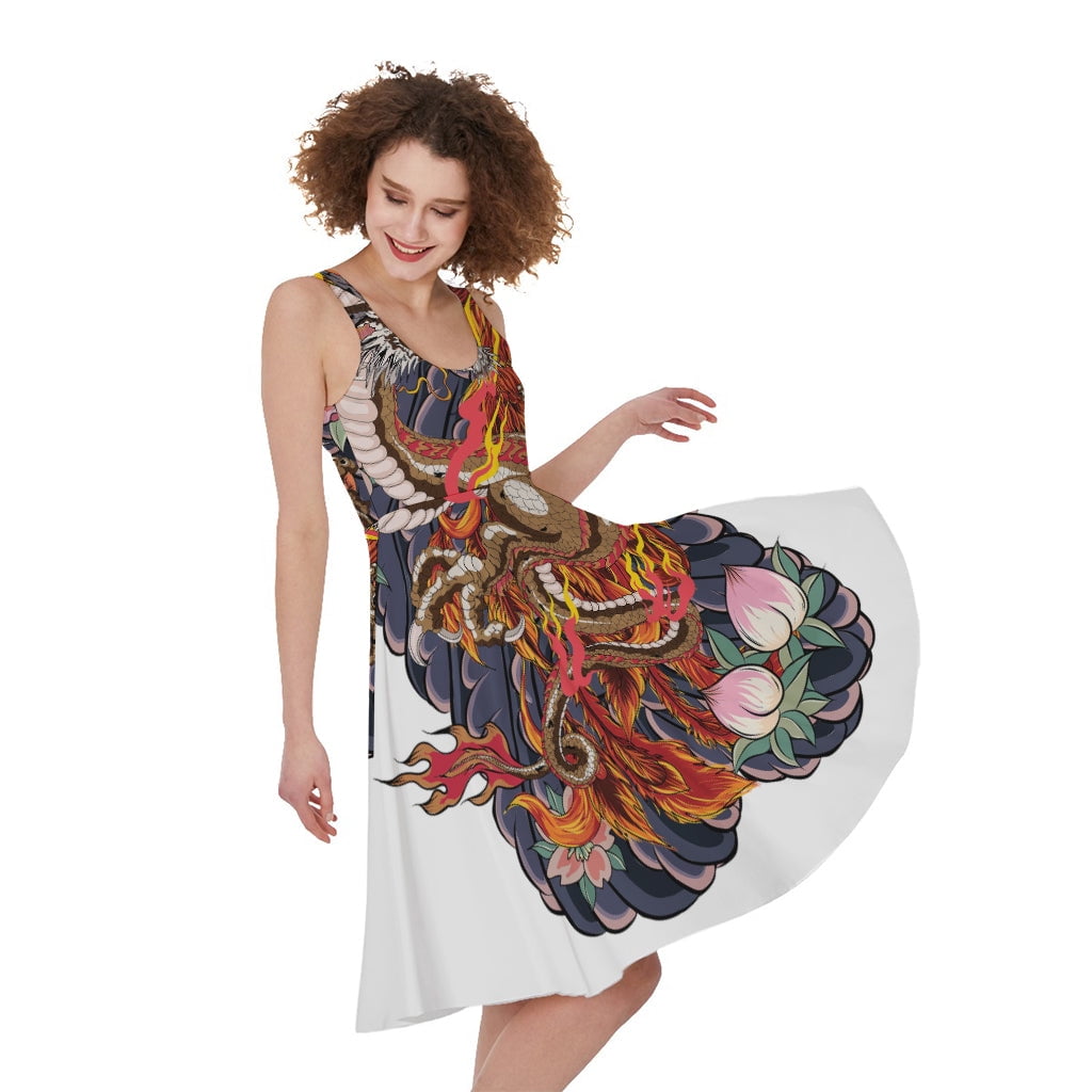 Japanese Dragon And Phoenix Tattoo Print Sleeveless Knee Length Dress ...