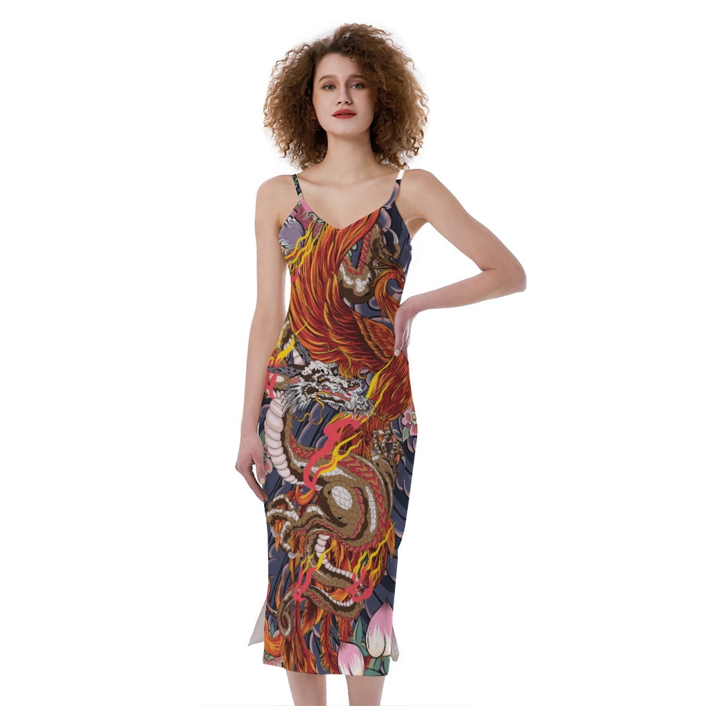 Japanese Dragon And Phoenix Tattoo Print Slim Fit Midi Cami Dress ...