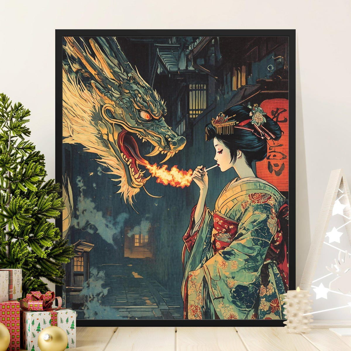 Japanese Dragon Art Poster, Geisha Smoking Illustration, Traditional ...