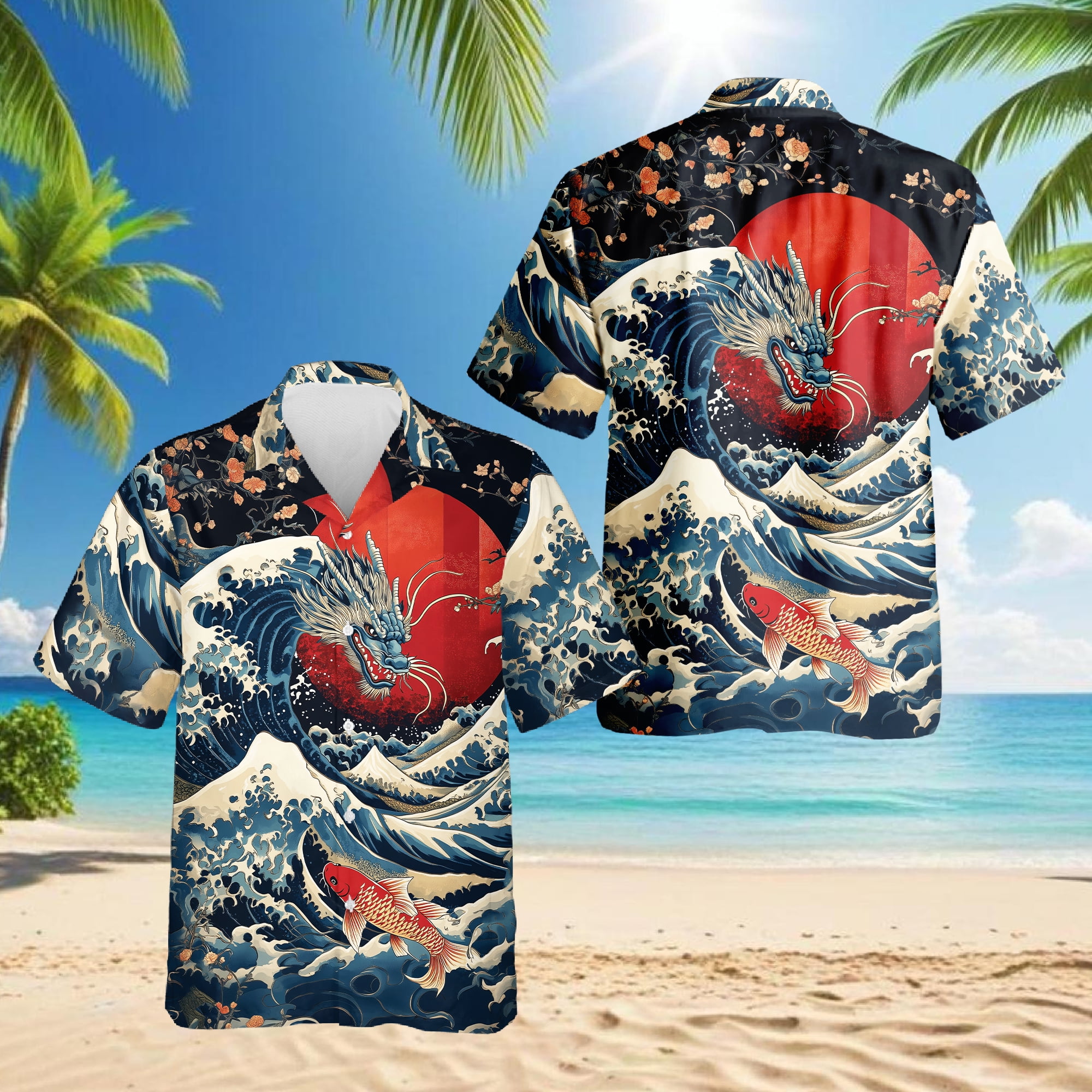Japanese Dragon Koi Fish Hawaiian Shirt for Men, Button Down Summer ...