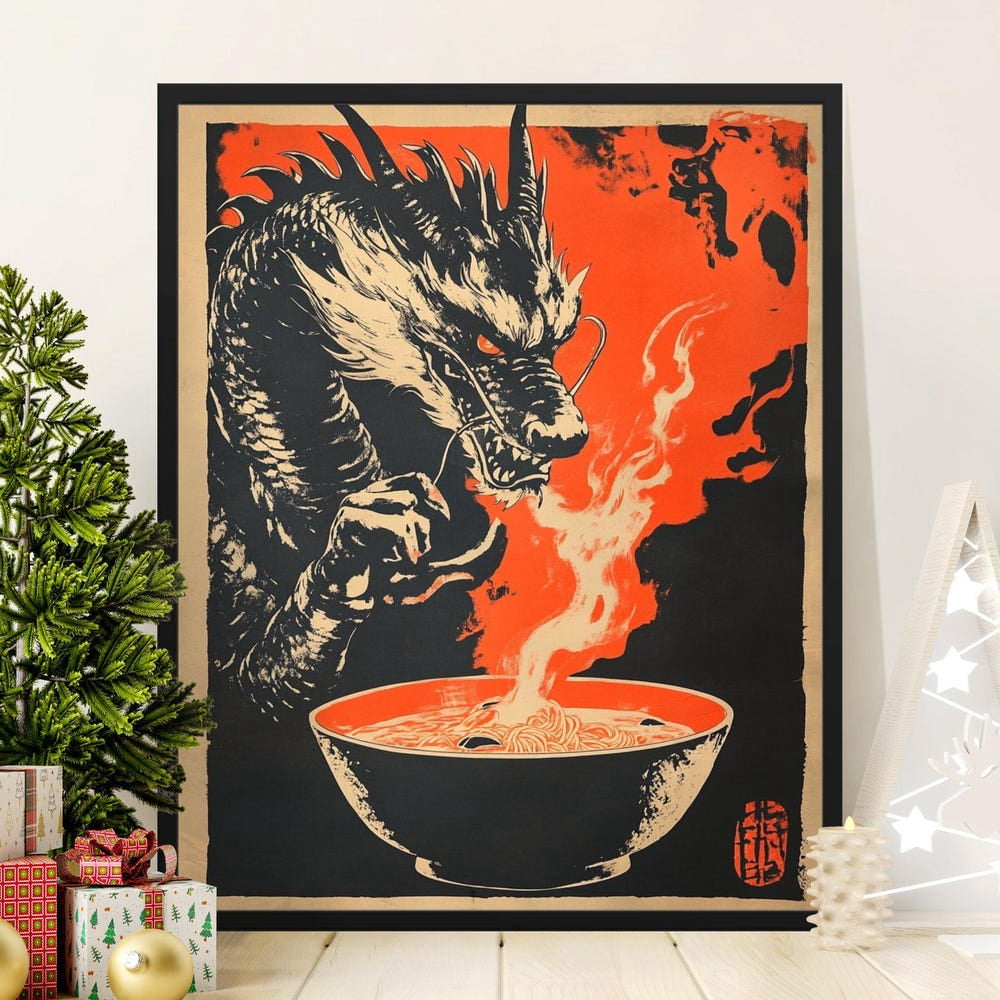 Japanese Dragon With Noodles Poster,Art Print, Ramen Lover Gift ...