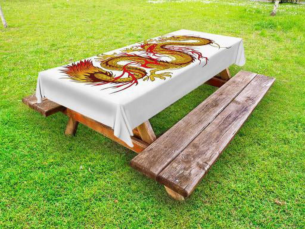 Japanese Dragon Outdoor Tablecloth, Gold Colored Mythical Fantastic ...