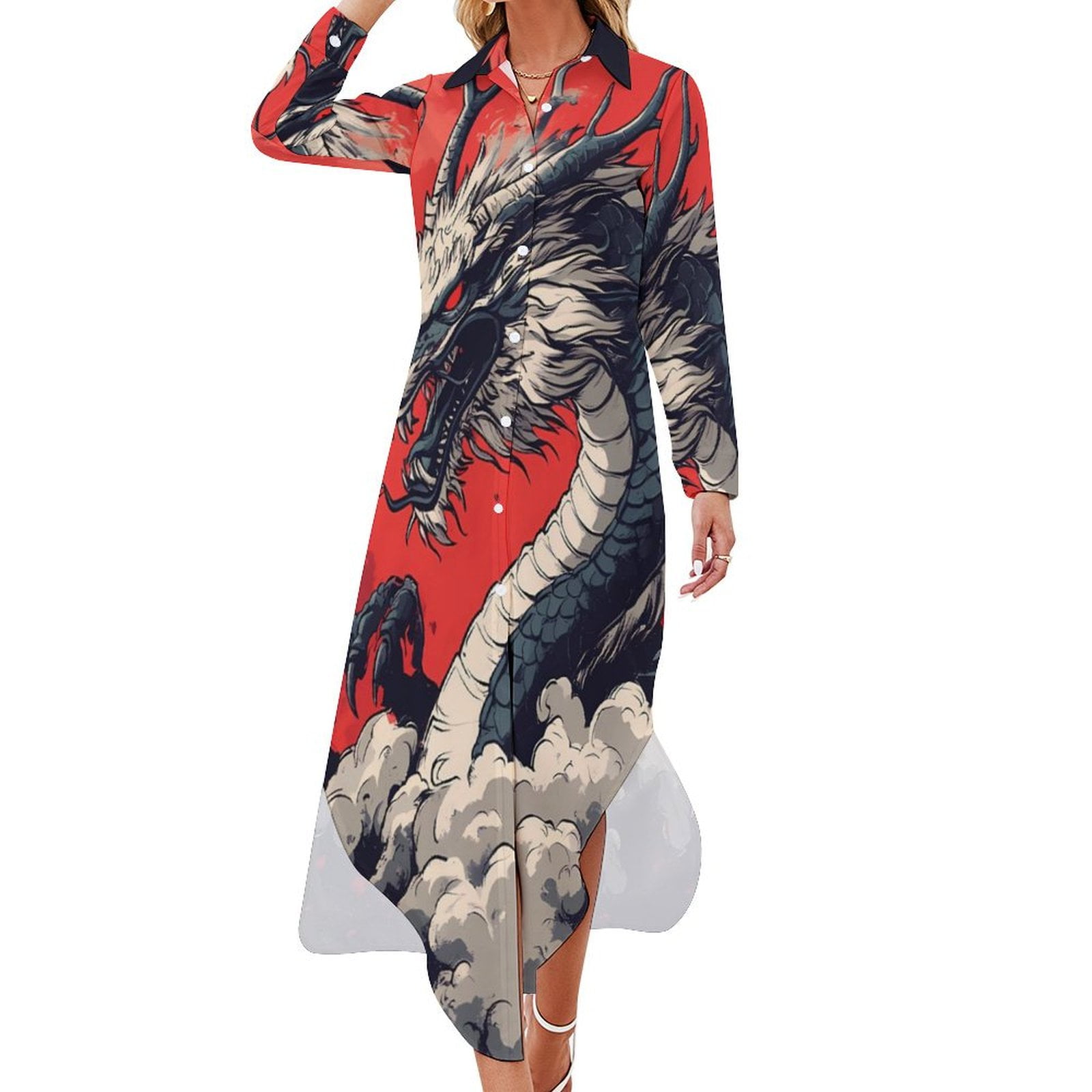 Japanese Dragon Women's Maxi T Shirt Dress Long Sleeve Lapel Summer ...