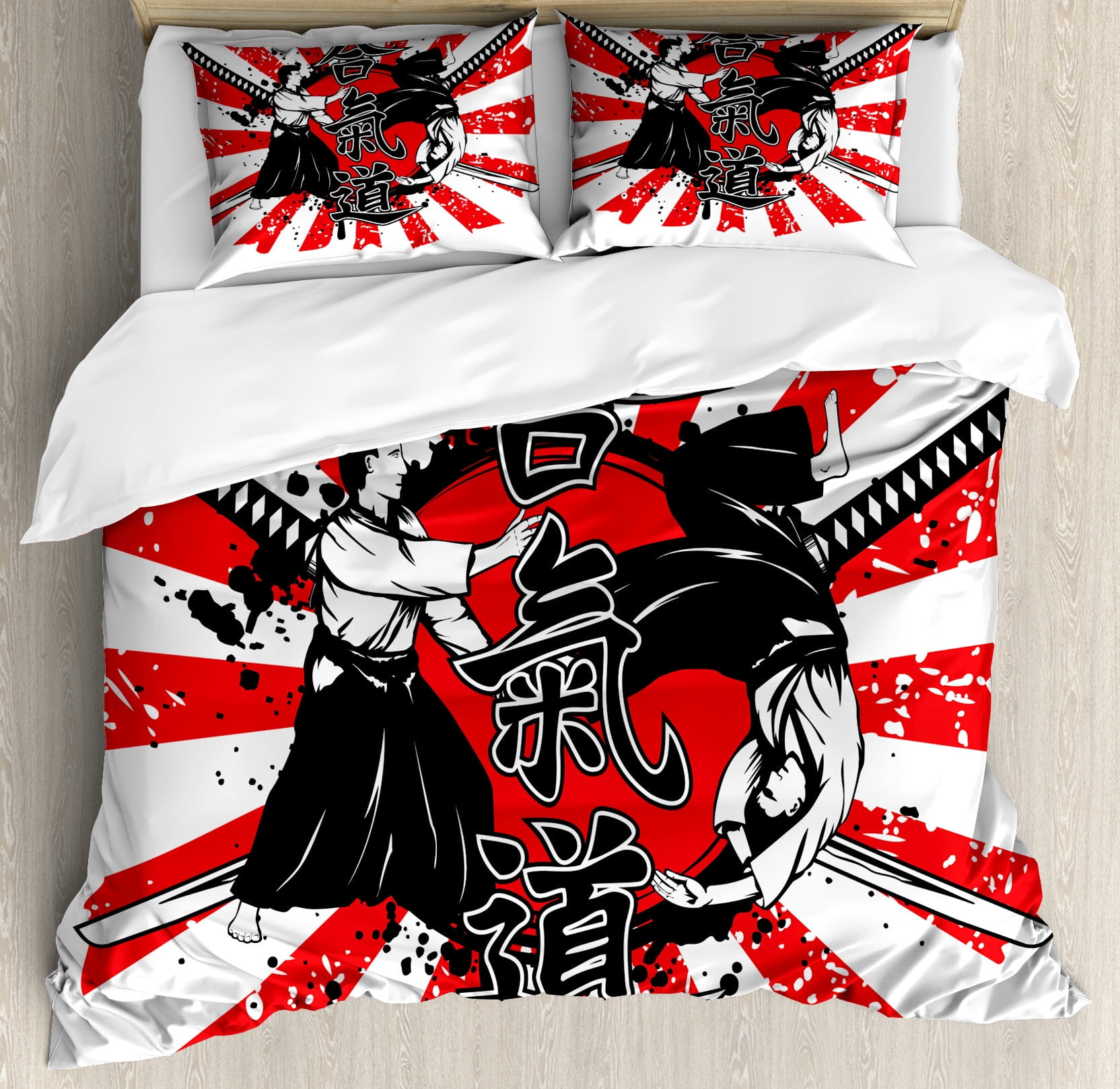 Japanese Duvet Cover Set, Crossed Samurai Hieroglyph Background 2 Ronin ...