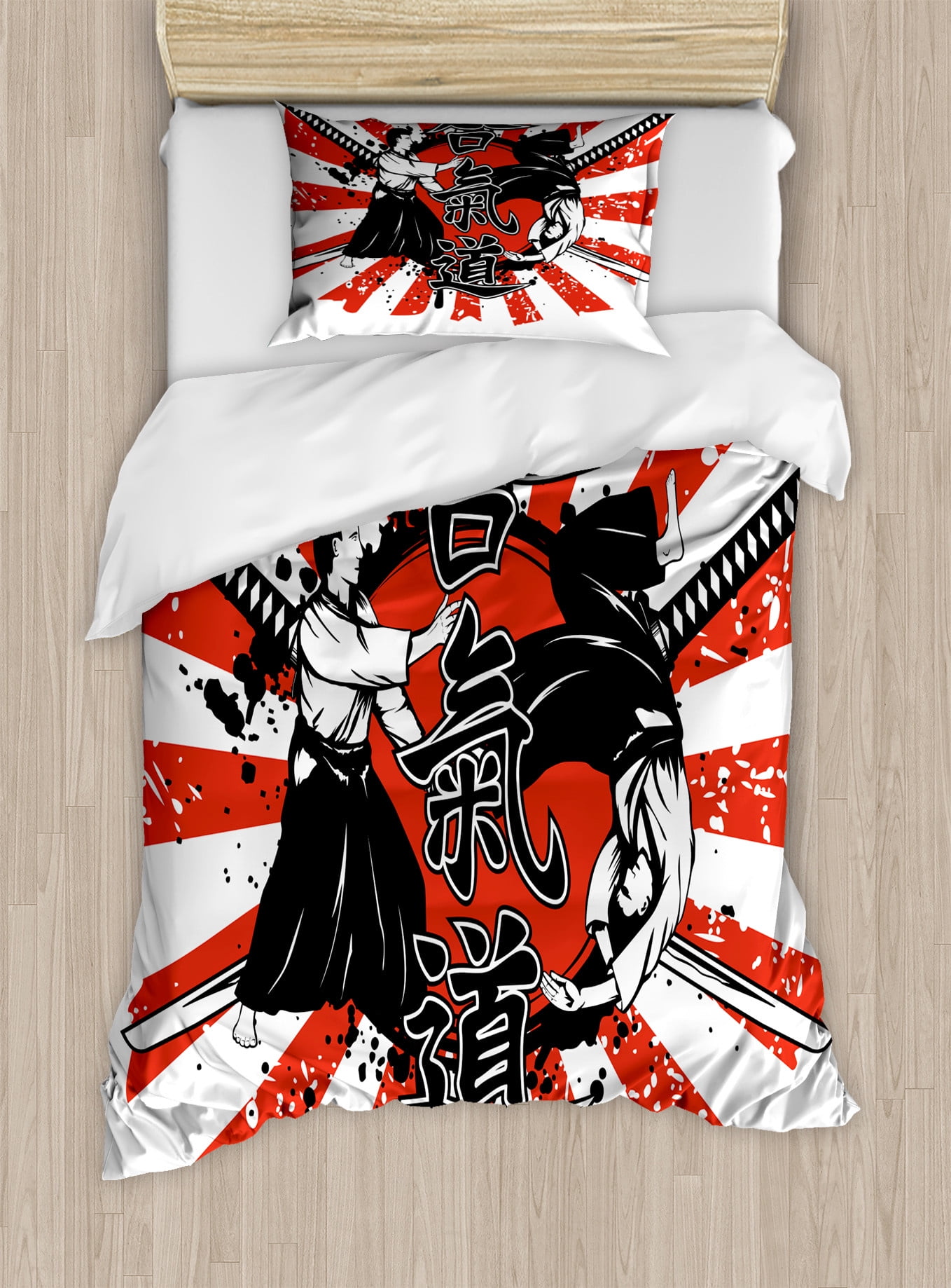 Japanese Duvet Cover Set, Crossed Samurai Hieroglyph Background 2 Ronin ...