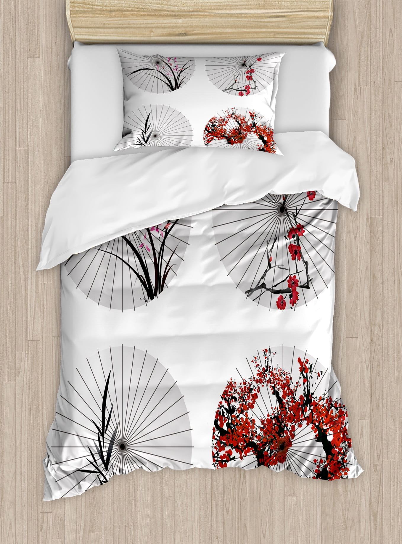 Japanese Duvet Cover Set, Ethnic Themed Parasol Umbrellas with Swirled ...