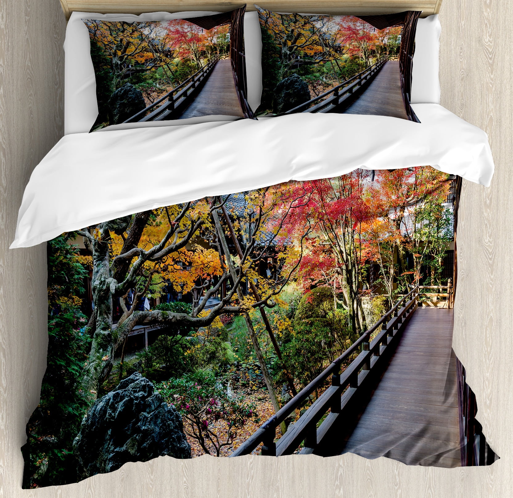 Japanese Duvet Cover Set, Forest Landscape from a Wooden Balcony in the ...