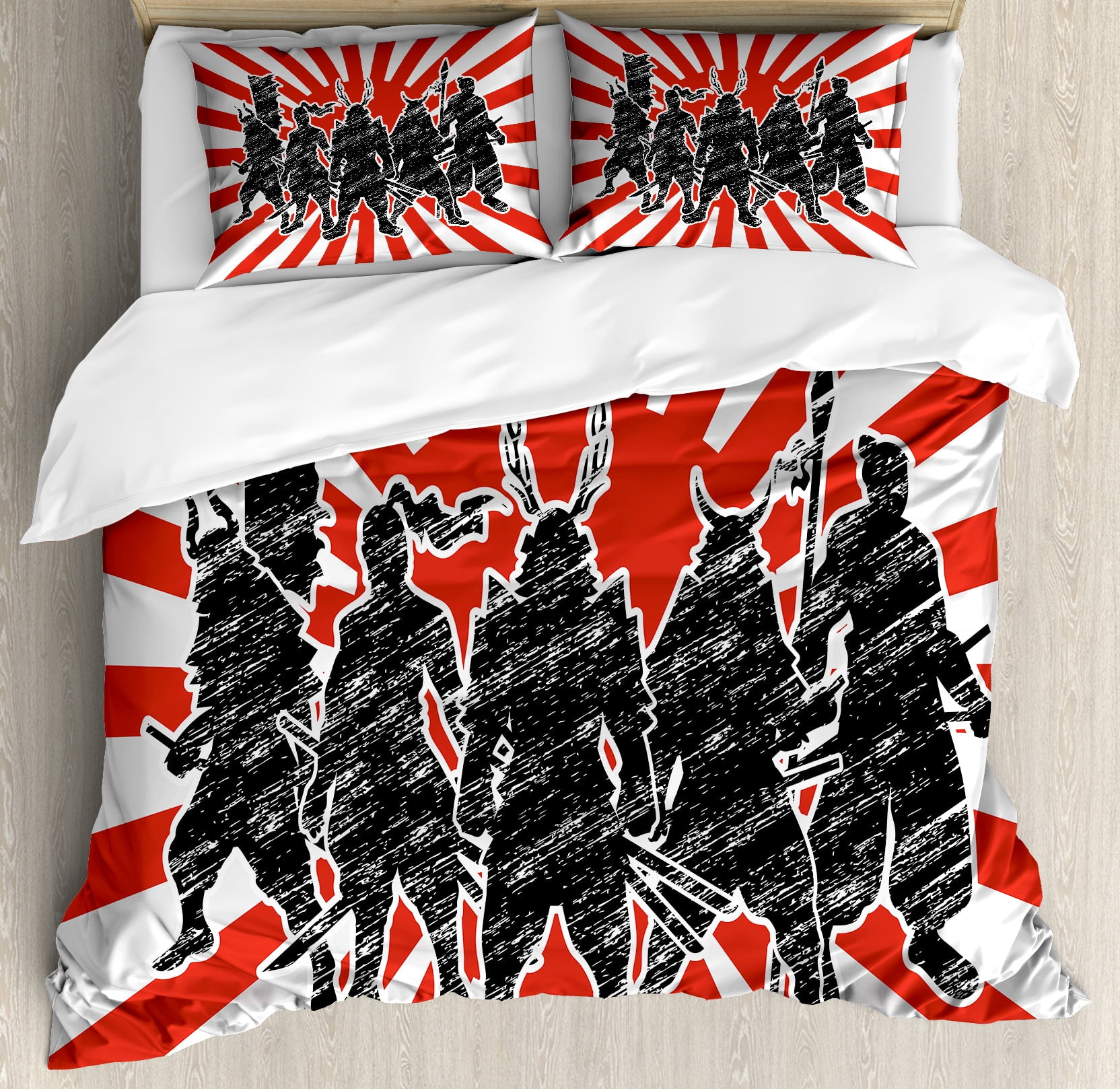 Japanese Duvet Cover Set, Group of Samurai Ninja Posing and Getting ...