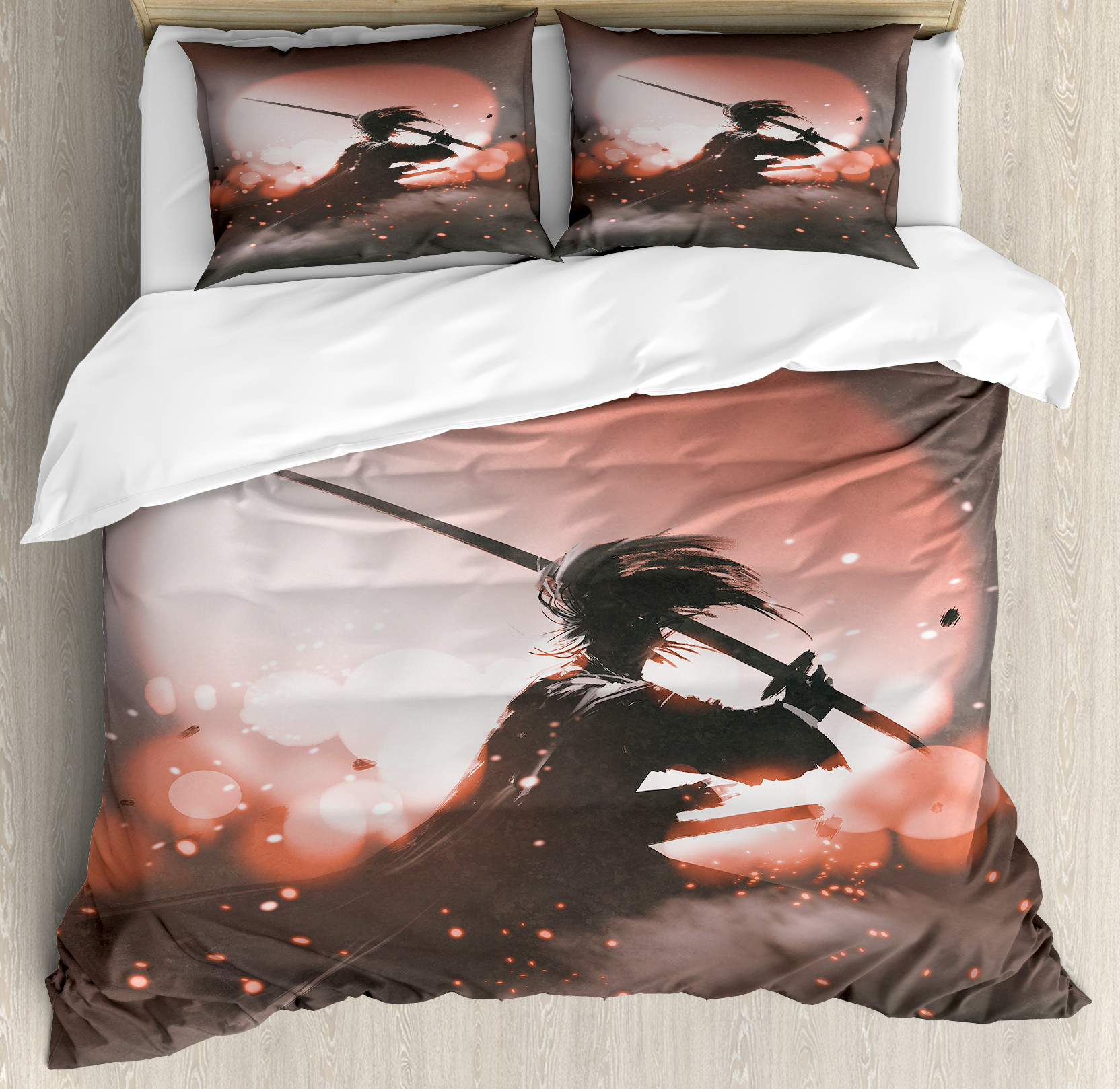 Japanese Duvet Cover Set, Reflection of Samurai Practicing Sunset ...