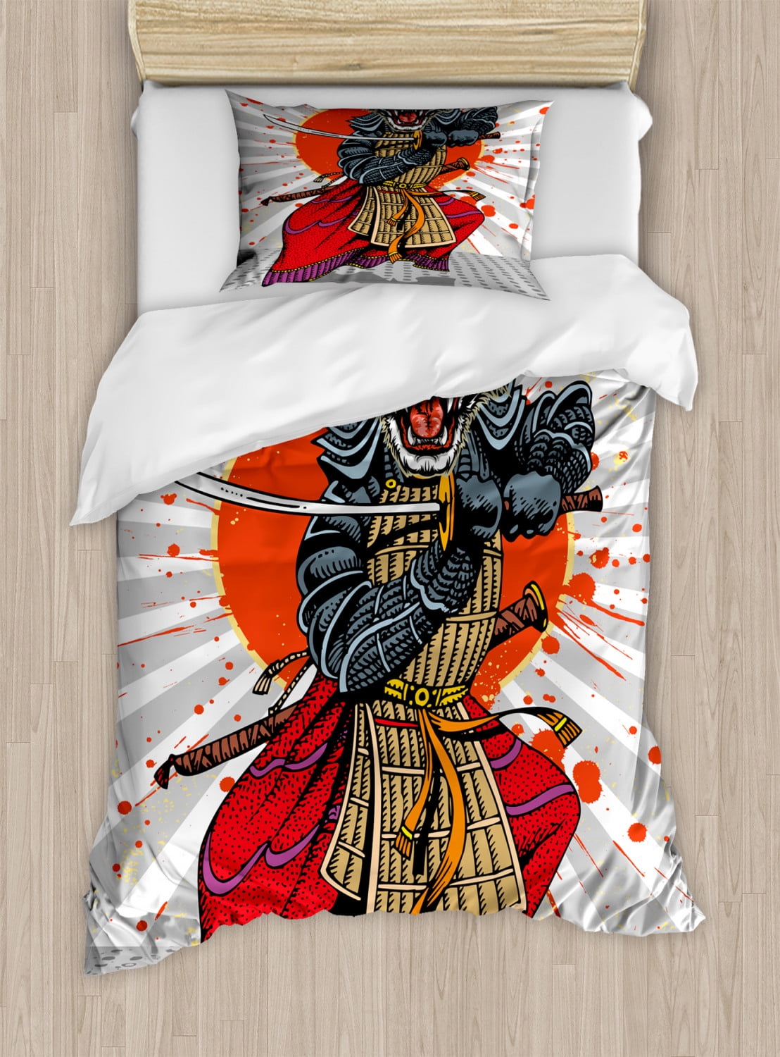 Japanese Duvet Cover Set Twin Size, Samurai Tiger with Traditional ...