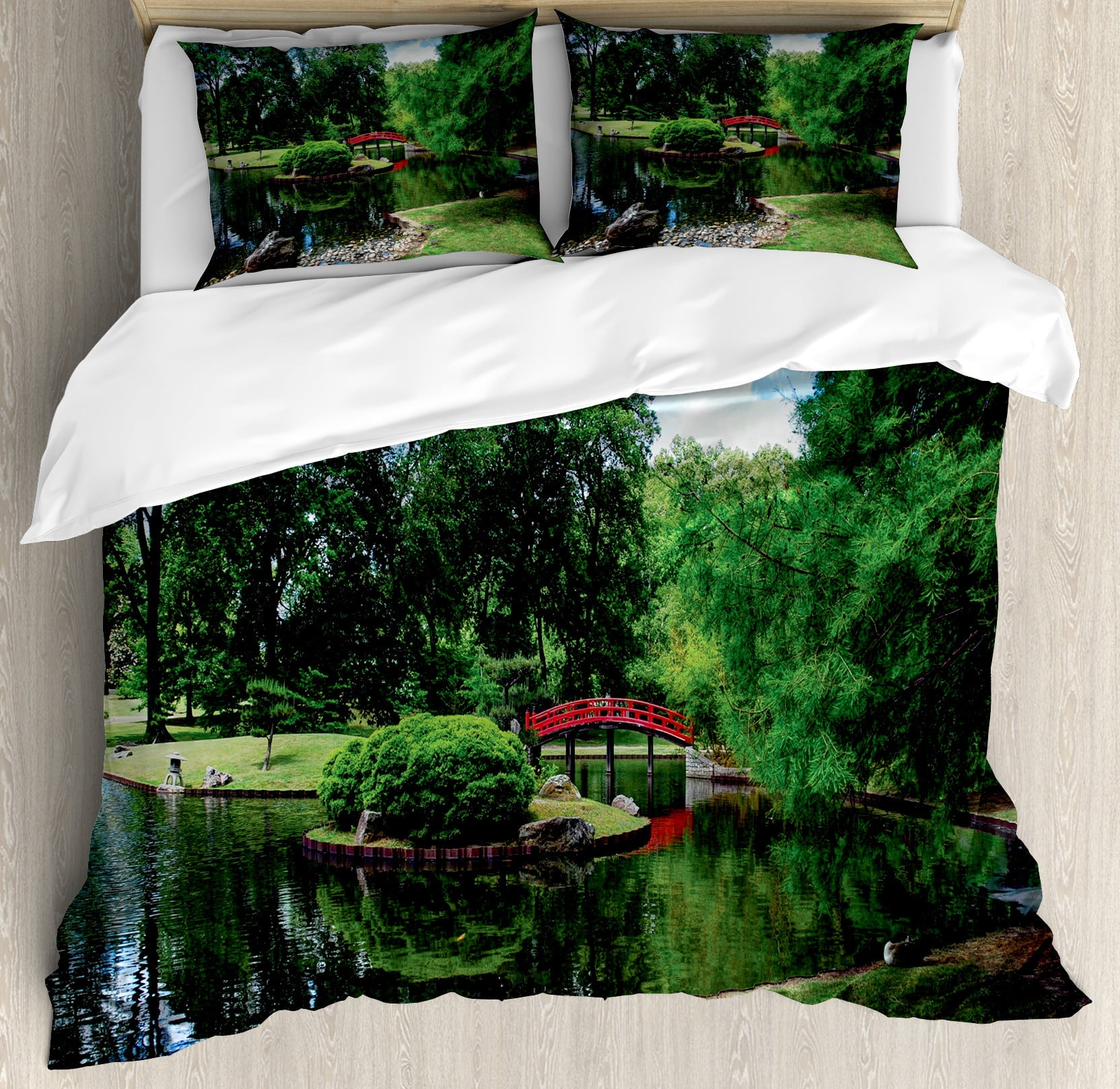 Japanese Duvet Cover Sets, Lake Red Bridge in Gardens Trees Natural ...