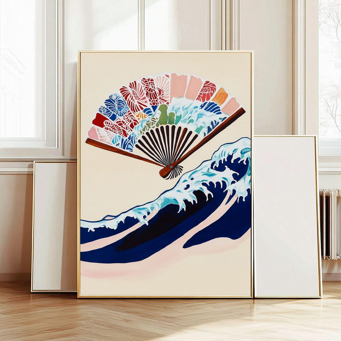 Japanese Fan Art Print, The Great Wave Off Kanagawa Artwork , Beige ...