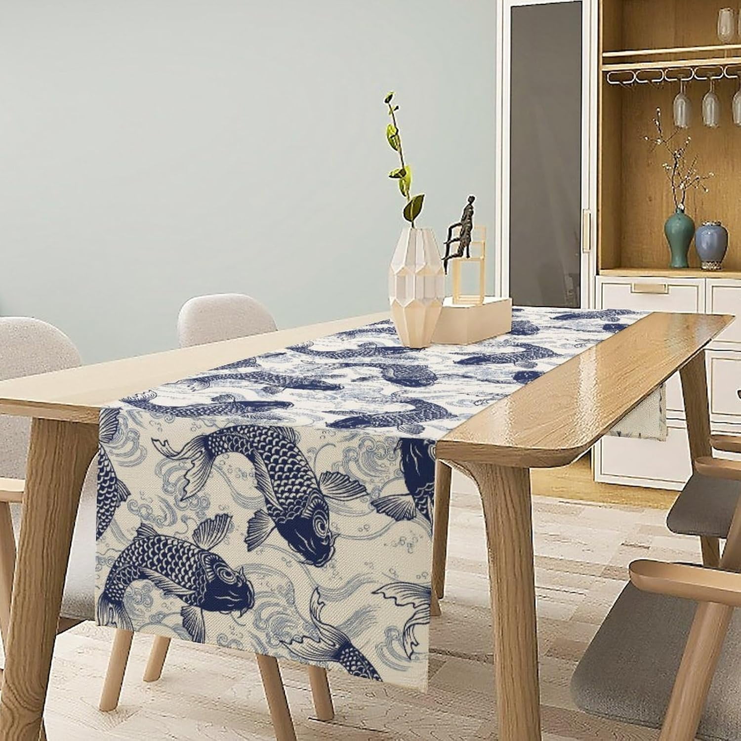 Japanese Fish Table Runner, Traditional Oriental Asian Sea Wave Carp ...