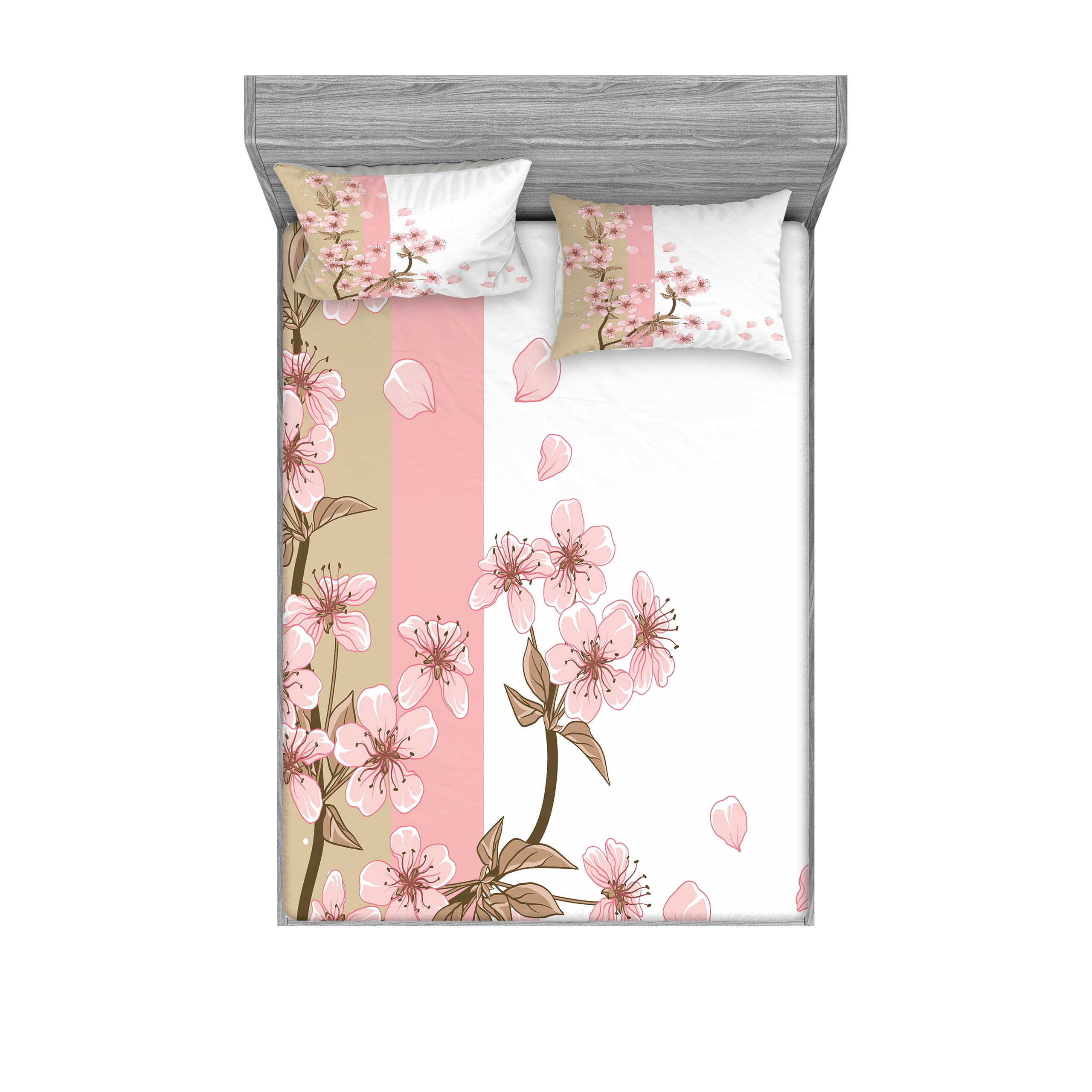 Japanese Fitted Sheet & Pillow Sham Set, Romantic Sakura Blooms Flowers ...
