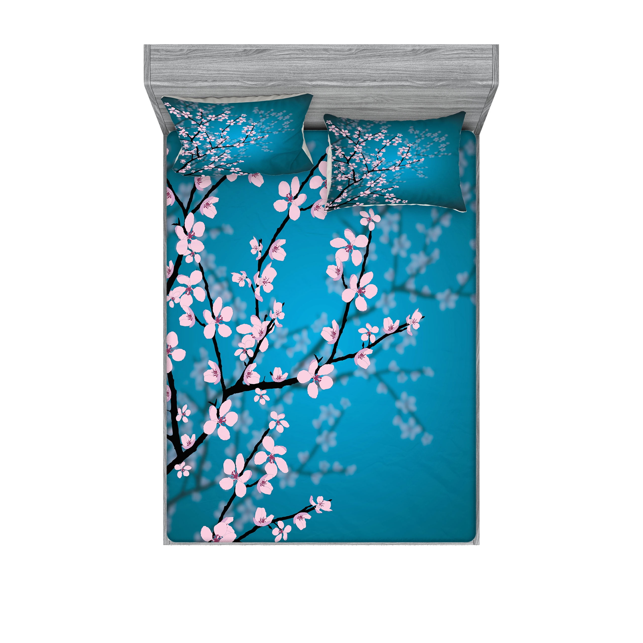 Japanese Fitted Sheet & Pillow Sham Set, Spring Season Sakura Flower ...