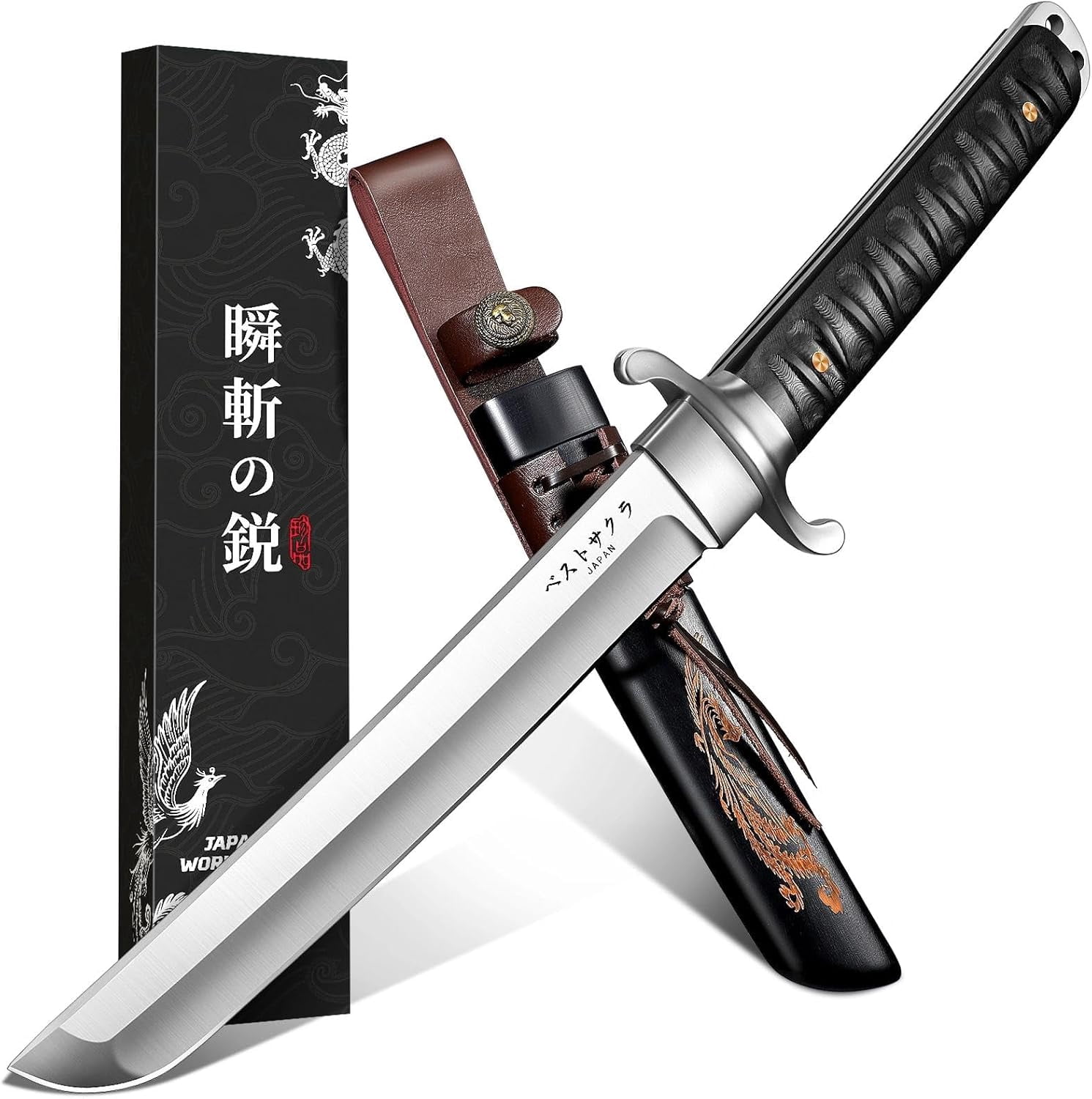 Japanese Fixed Blade Knife, Tanto Knife with Phoenix Carved Sheath ...