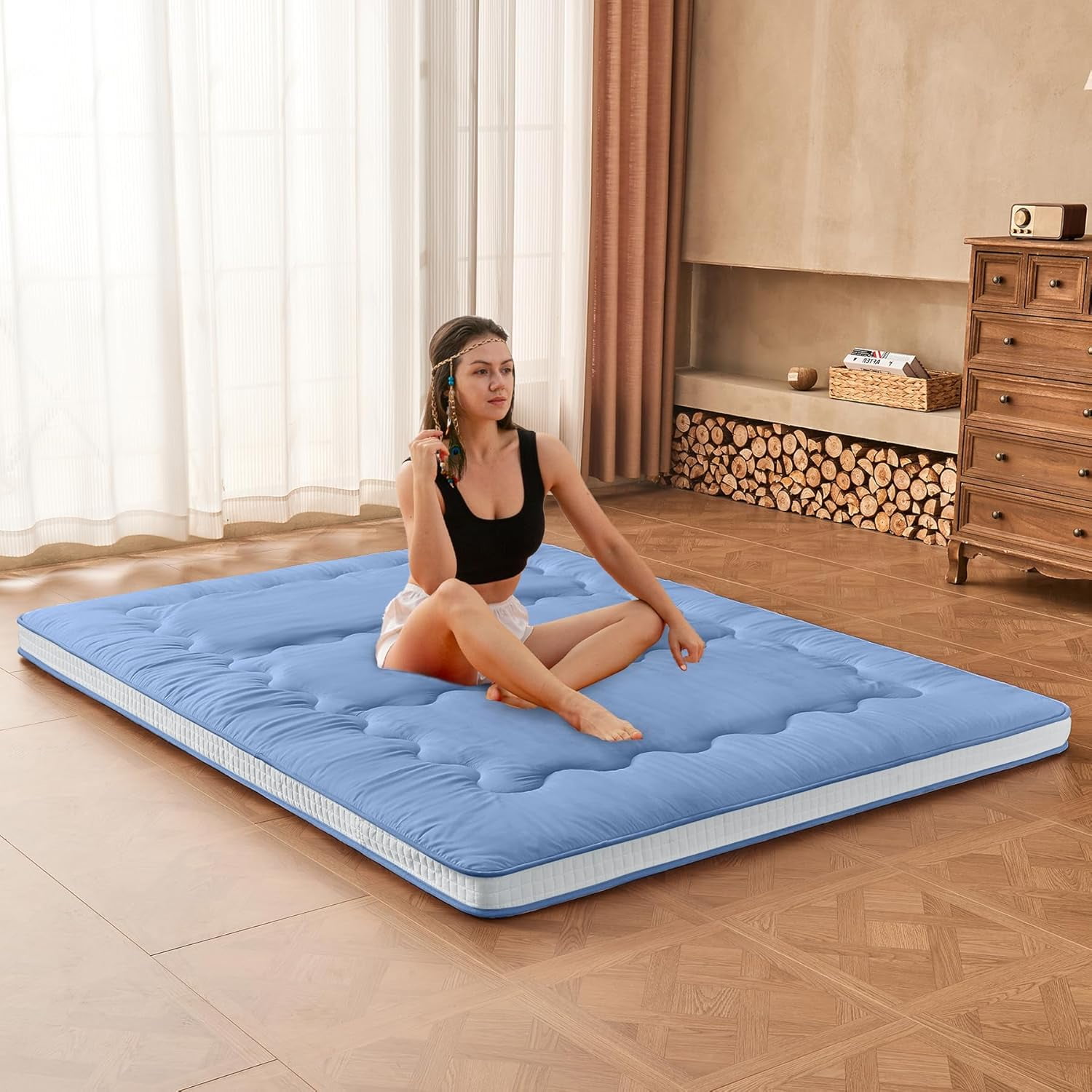 Japanese Floor Futon Mattress Extra Thick Folding Roll Up Bed Topper Mat for Guest,Lounger and ...