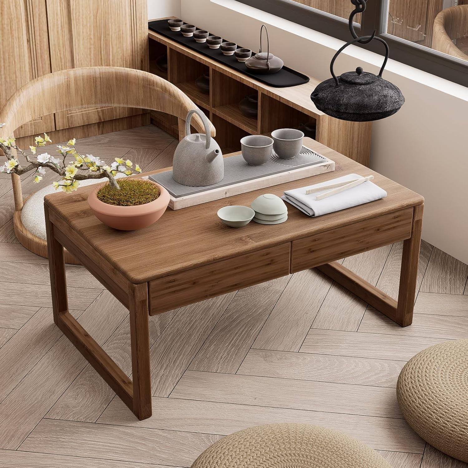 Japanese Floor Low Table for Sitting Tatami,Japanese Tea Table Bamboo Coffee Table with 2 ...