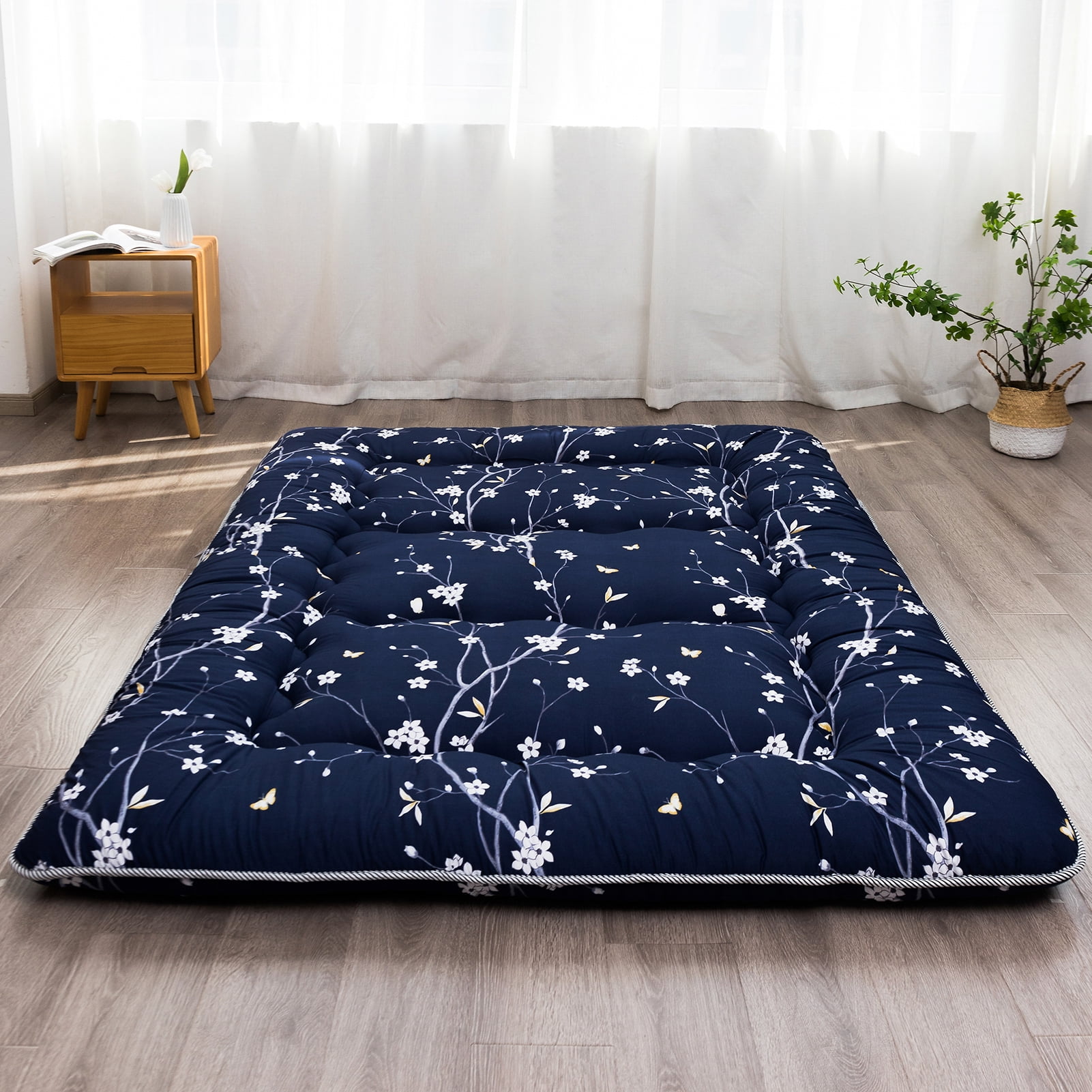Japanese Bed Roll, Queen Size Floral Design Futon Floor Mattress with ...