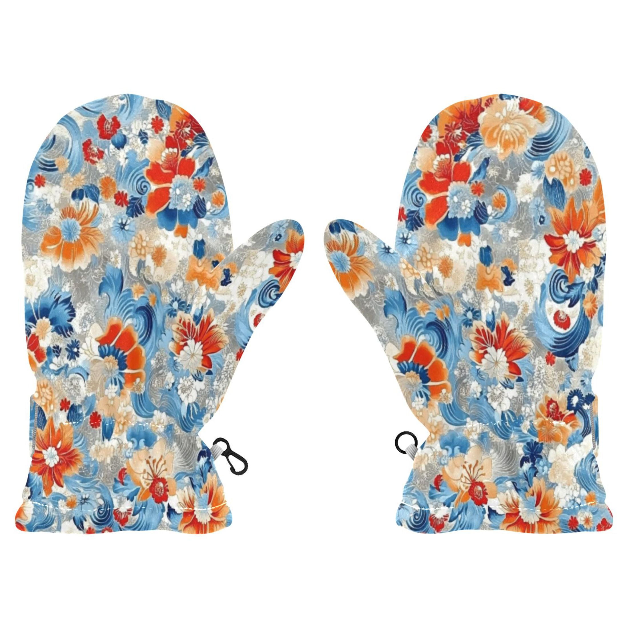 Japanese Floral Print Witch Cauldron Pattern Cold Weather Mittens Cozy ...