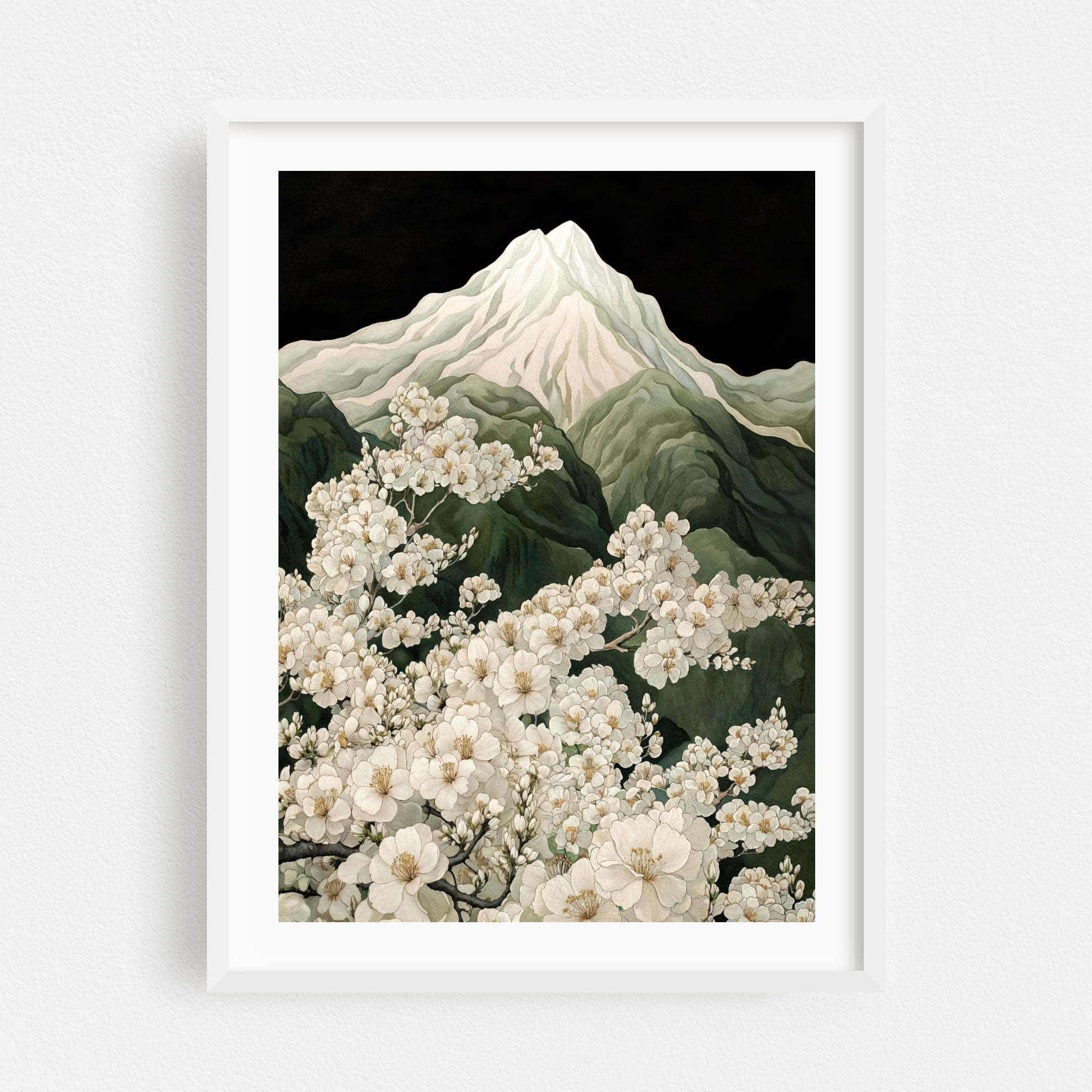 Japanese Floral Wall Art Mountain Poster Sage Green Wabi Sabi Painting ...