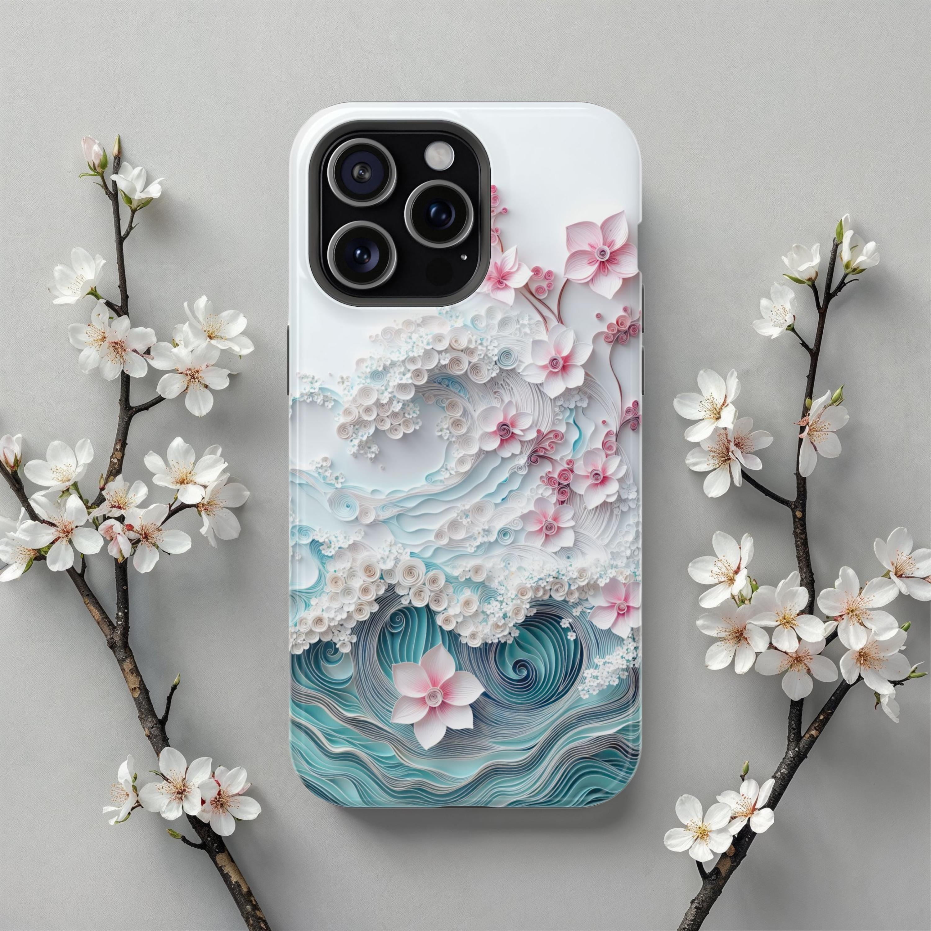 Japanese Floral Wave Phone Case 3D Sakura Ocean Art for iPhone 17 to 11 ...