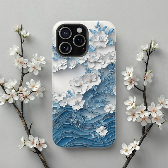 Japanese Floral Wave Phone Case Blue White Blossom for iPhone 17 11 12 ...