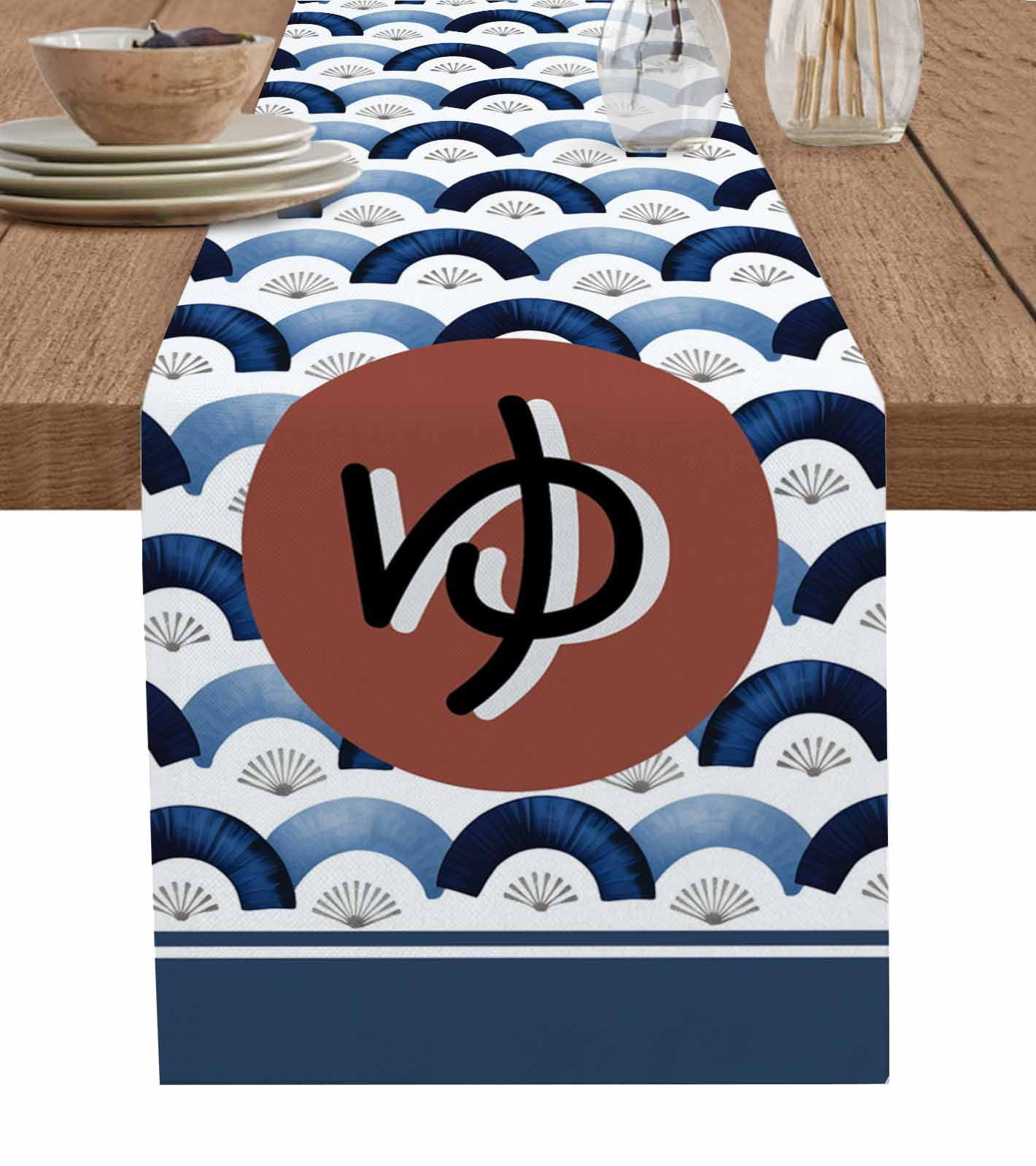 Japanese Folding Fan Table Runner 90 Inches, Blue Harmony Waves Vintage ...