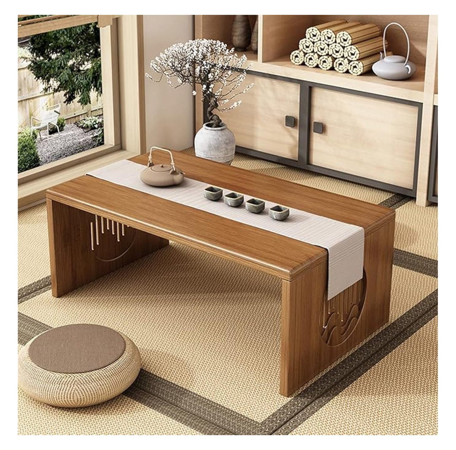 Japanese Folding Low Floor Table, Bamboo Coffee Table Sitting on The ...