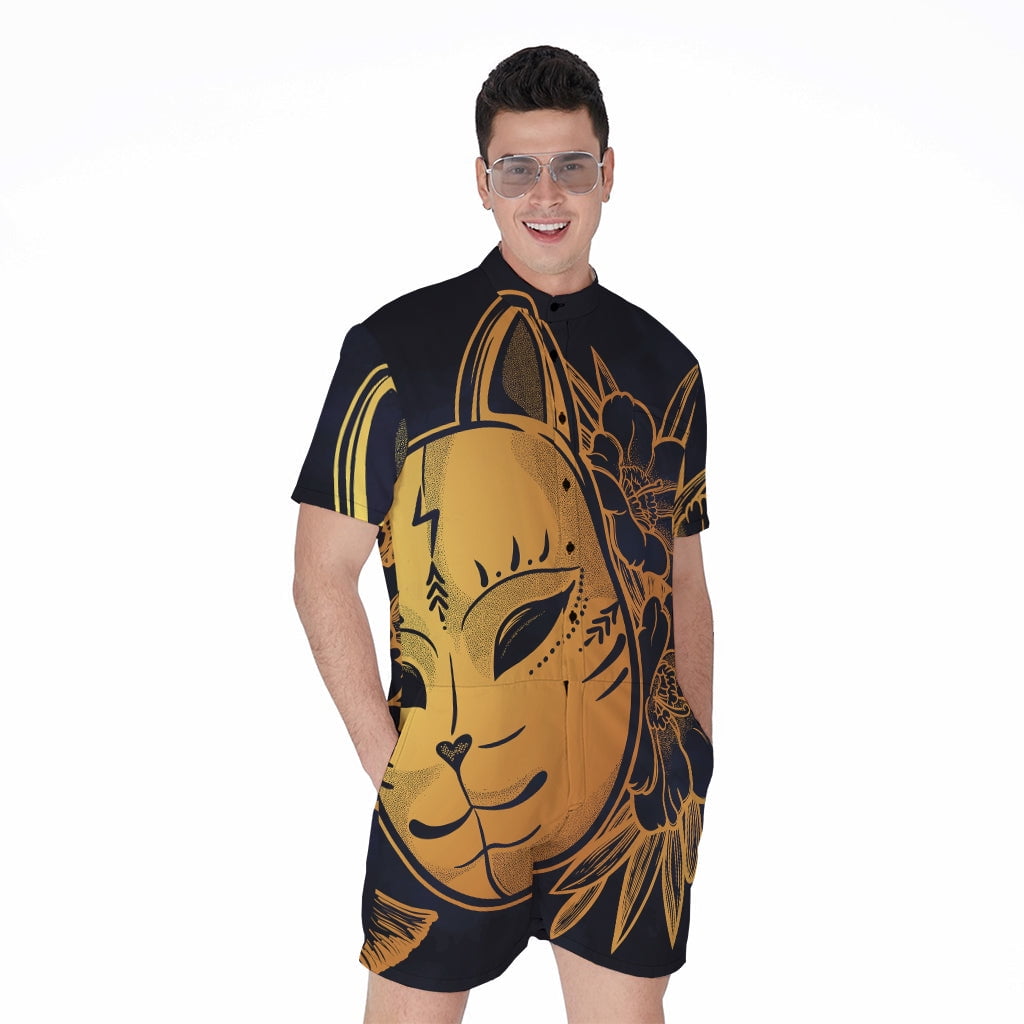 Japanese Fox Mask Short Sleeve Men'S Rompers, Fox Animal Casual Summer ...