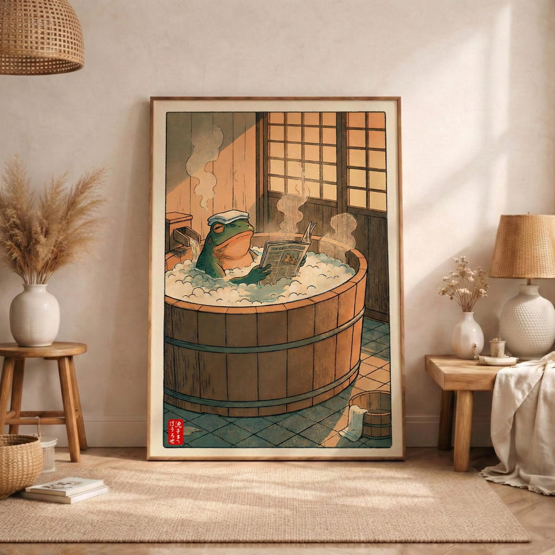 Japanese Frog Bathroom Wall Art Ukiyo-e Woodblock Style Zen Decor ...