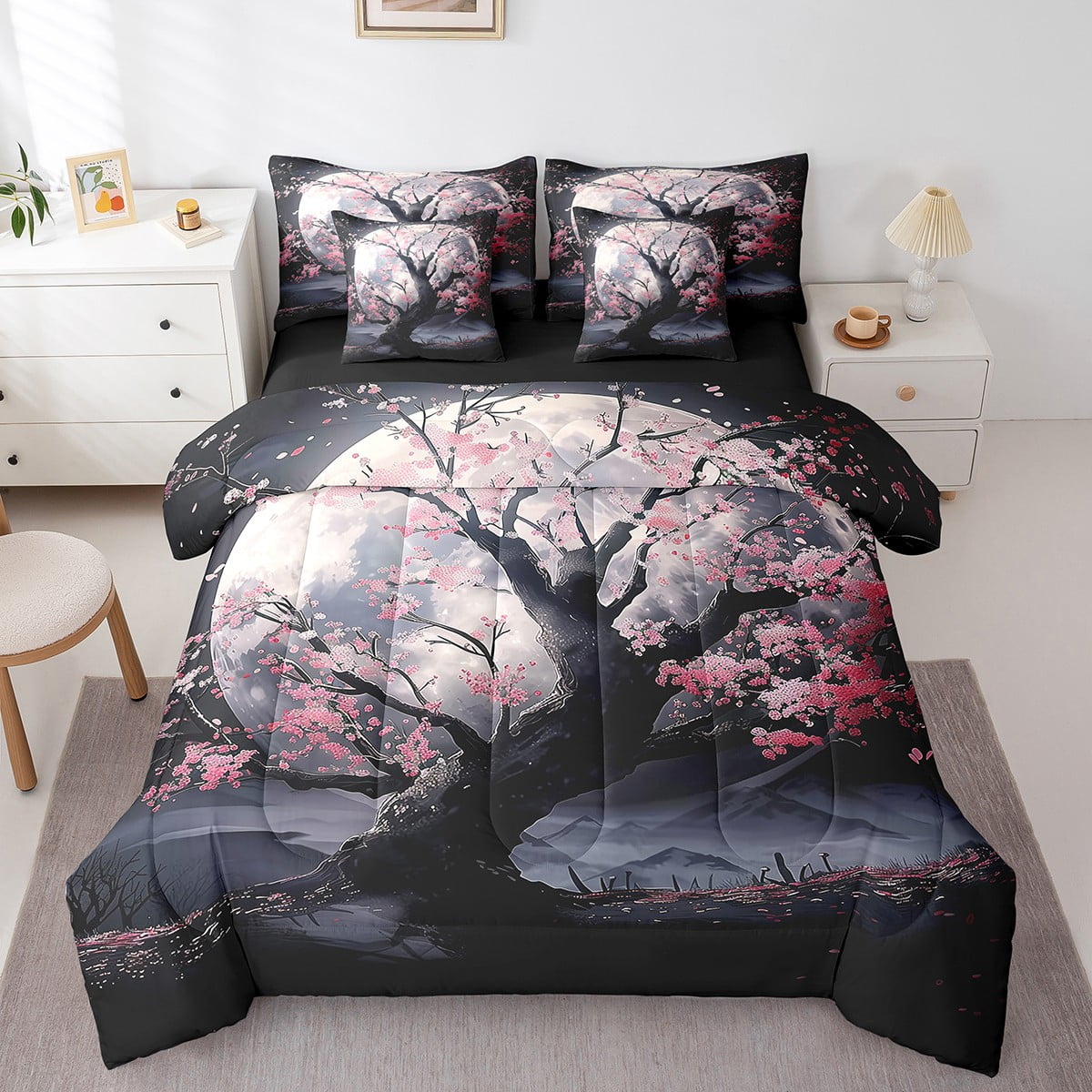 Japanese Full Bedding Set 7 Piece Moon Cherry Blossom Comforter Set ...