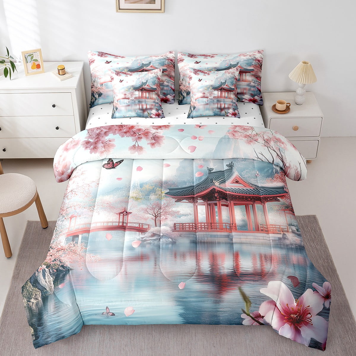 Japanese Full Comforter Set 7 Piece Butterfly Cherry Blossom Bed In A ...