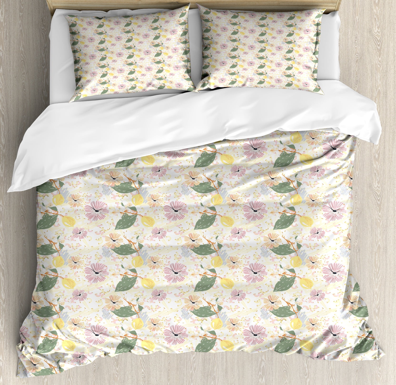 Japanese Garden Duvet Cover Set, Painting of Lemons Leaves and Flowers ...