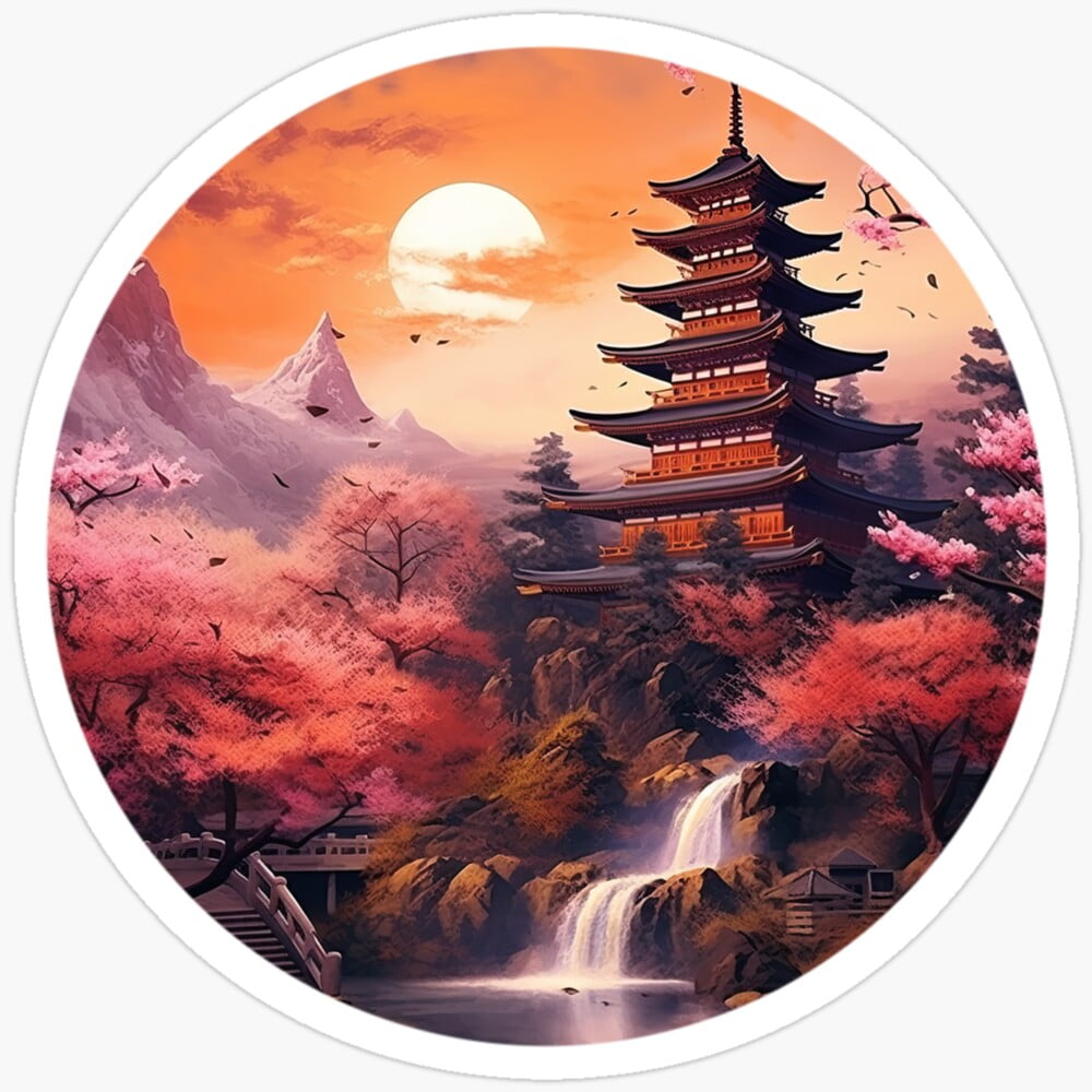 Japanese Garden Pagoda Waterfall Stickerphone Decal Water Bottle ...