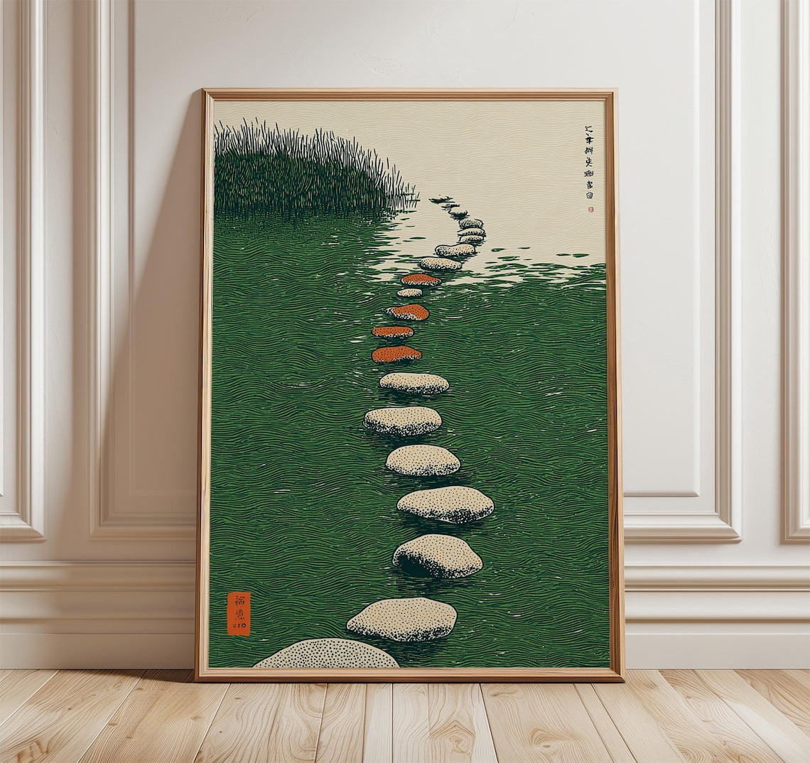 Japanese Garden Stepping Stones Minimal Nature Zen Woodblock Decor ...