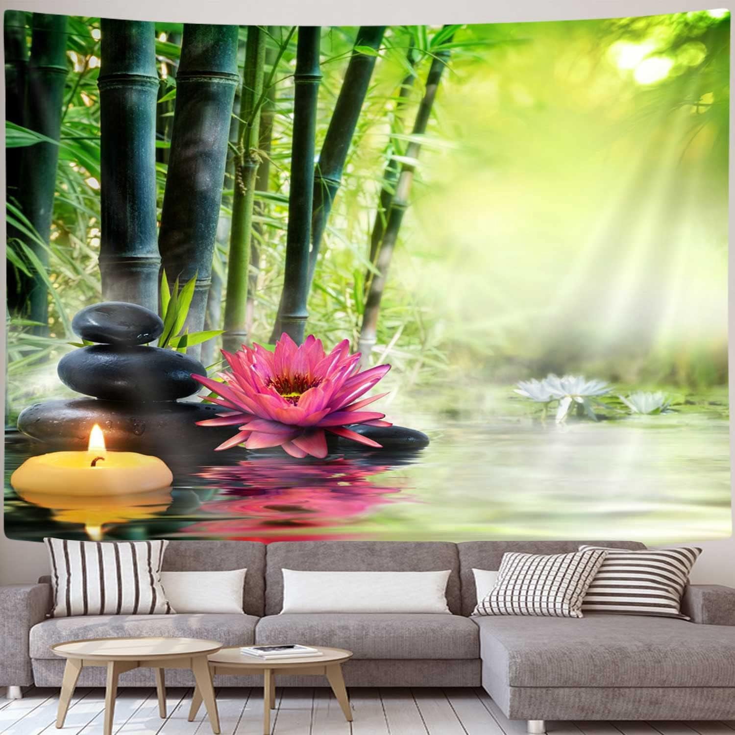 Japanese Garden View Tapestry Wall Hanging, Spa Water Lotus Flower Zen ...