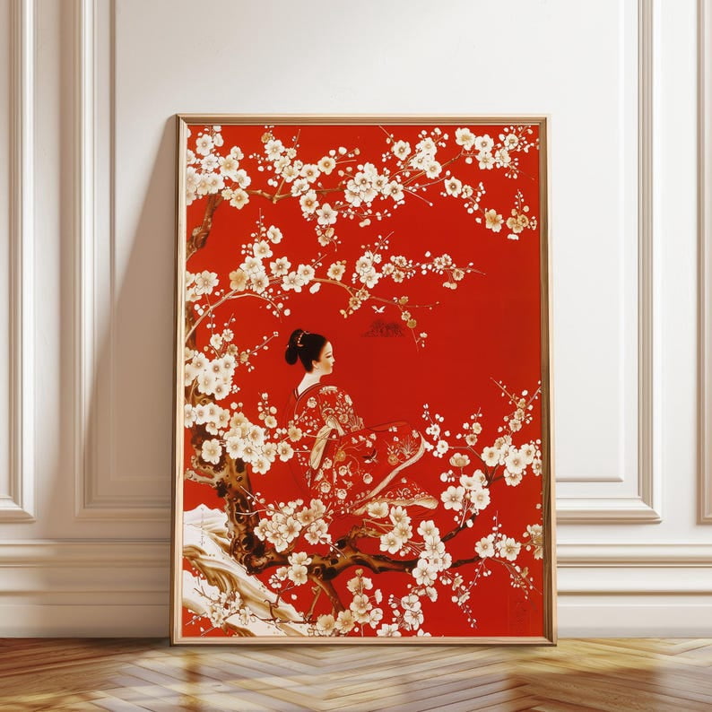 Japanese Geisha In Cherry Blossom Art Print - Red Asian Traditional ...