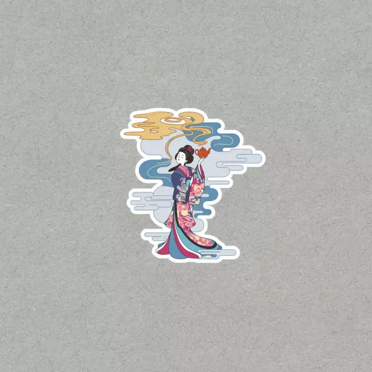 Japanese Geisha Holding Teapot Sticker - Artistic Clouds & Floral ...