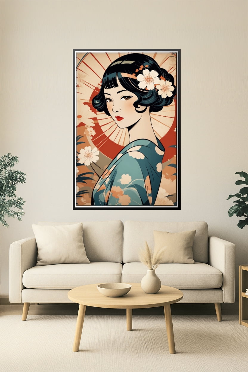 Japanese Geisha Poster – Elegant Woman with Parasol in Floral Kimono ...