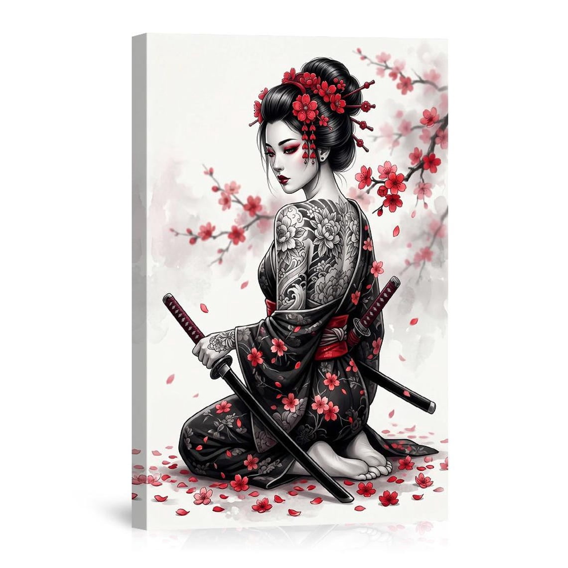 Japanese Geisha Samurai Cherry Blossom Style Oriental Ninja Girl Canvas ...